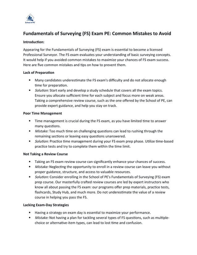 Fundamentals of Surveying (FS) Exam PE Common Mistakes to Avoid | PDF