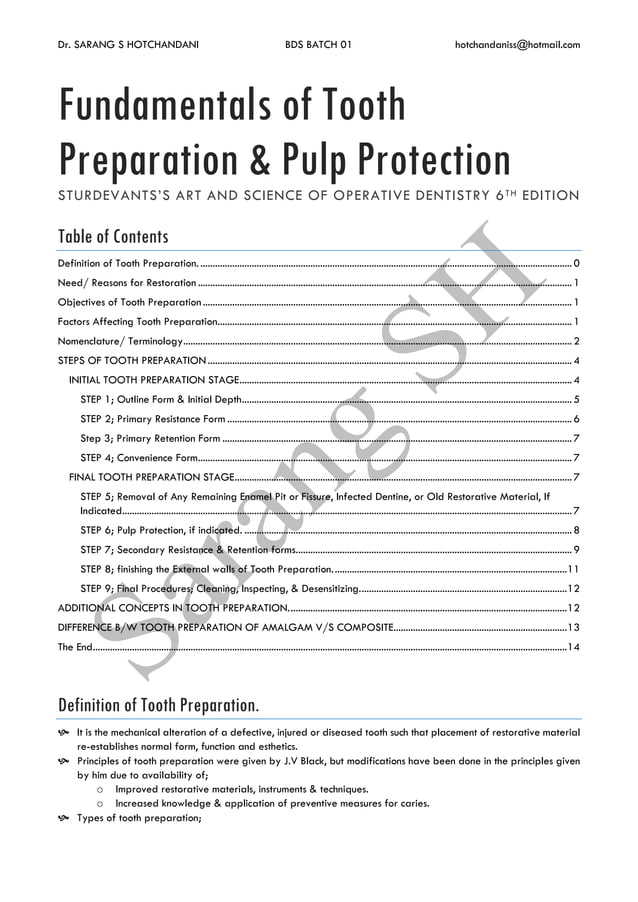 Fundamentals of Tooth Preparation (Operative Dentistry) | PDF