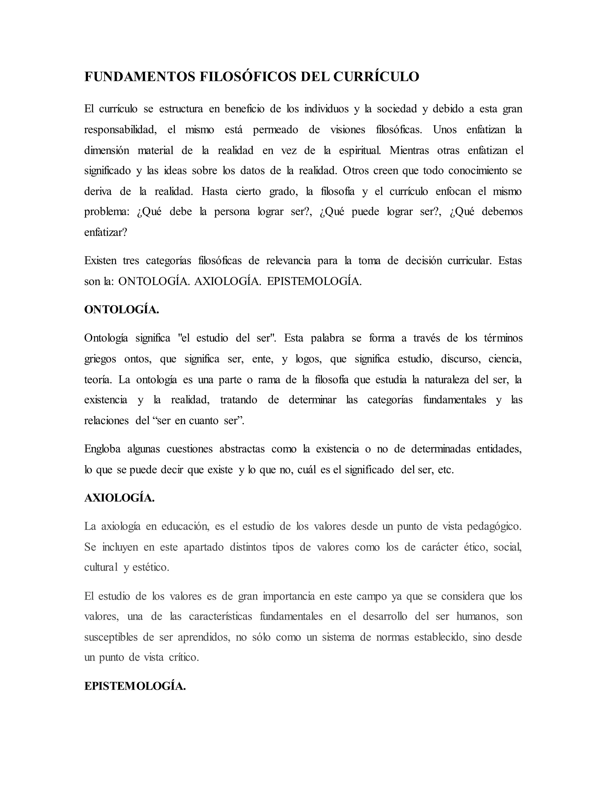 Fundamentos filosoficos del curriculo | DOCX | Education