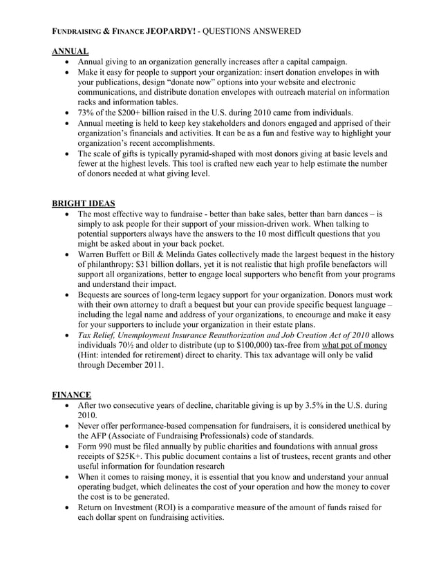 Fundraising finance jeopardy handout | PDF