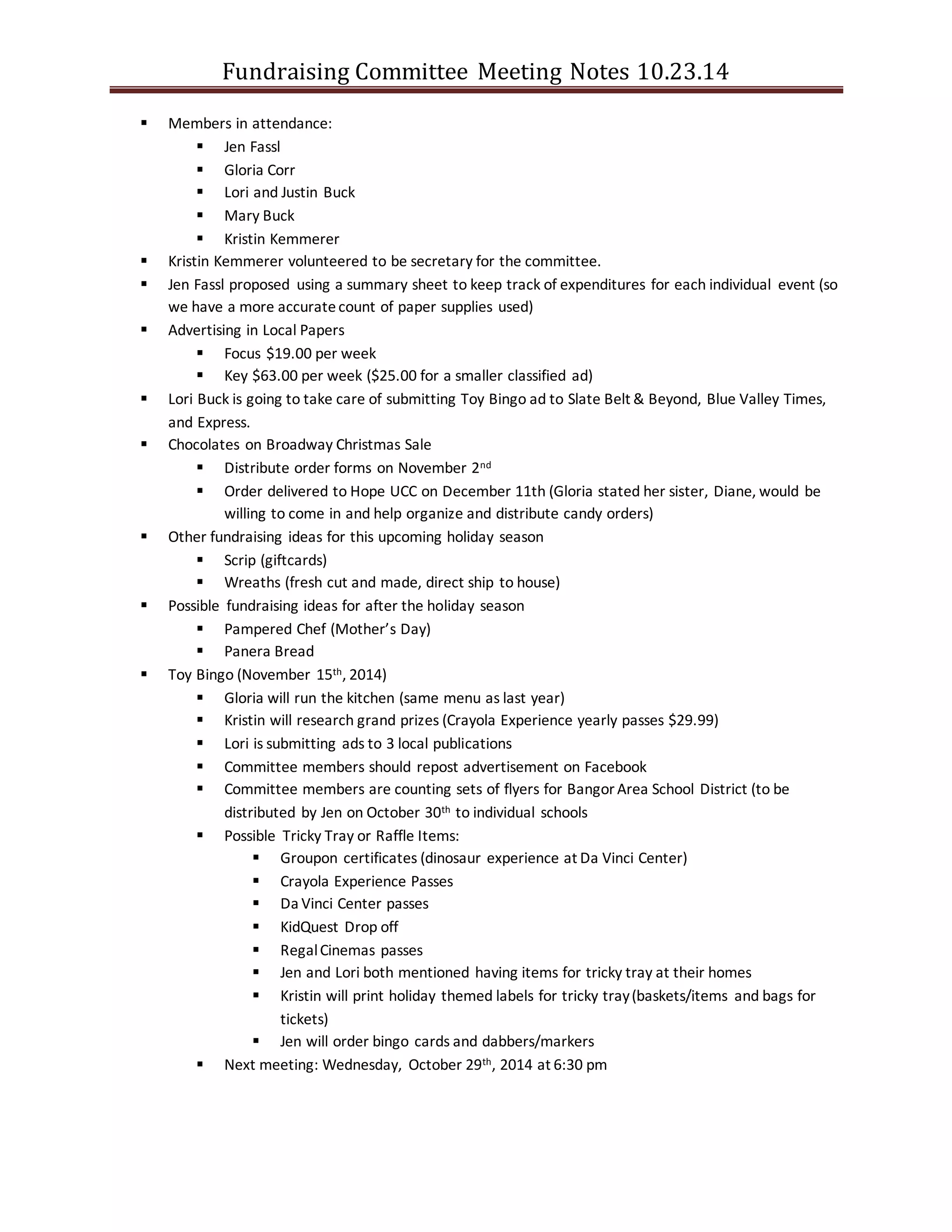 Fundraising committee notes 10.23