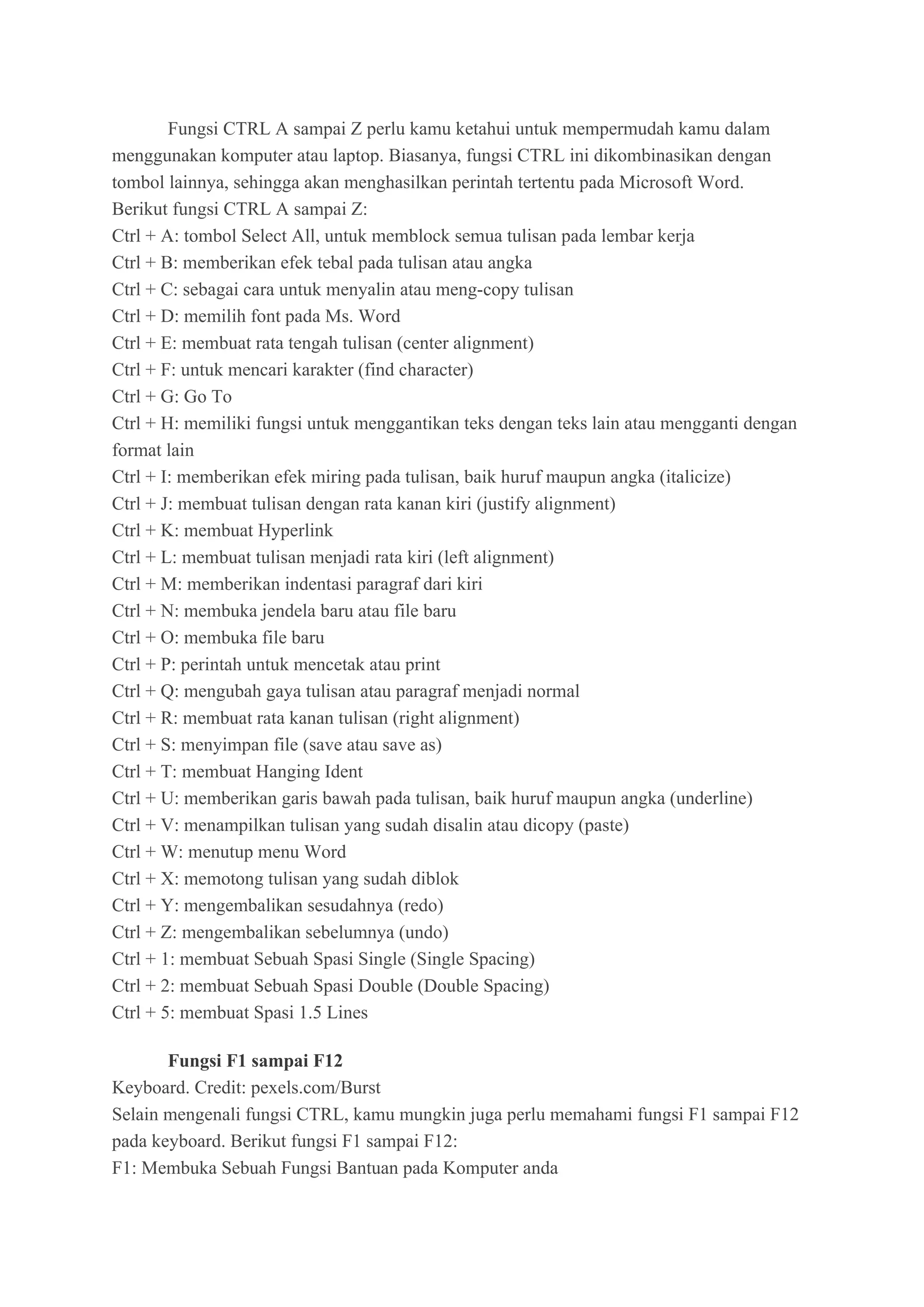 Fungsi Ctrl A Sampai Z Adalam Memamanuat Ms Ofices Docx