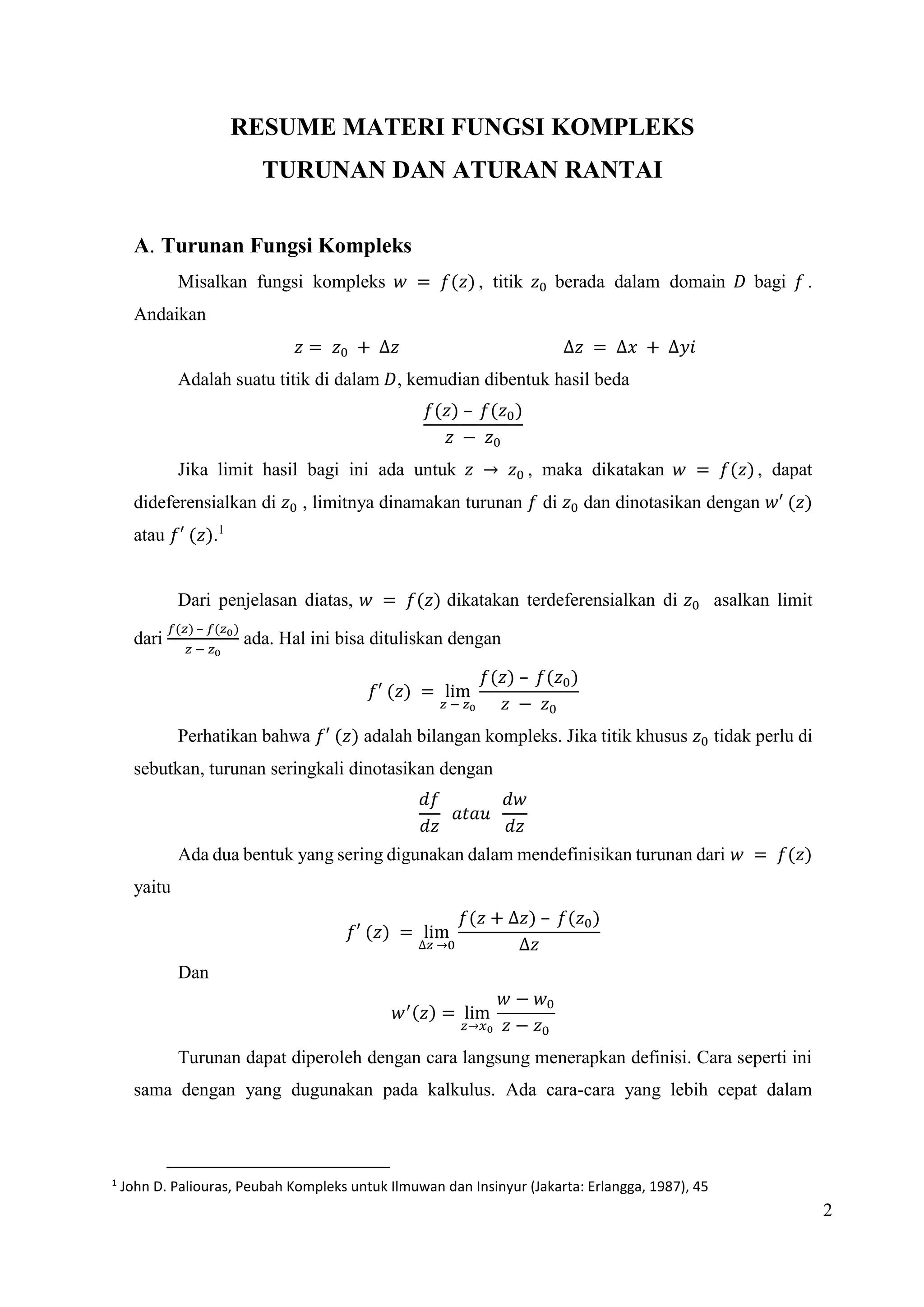 FUNGSI KOMPLEKS - TURUNAN DAN ATURAN RANTAI | PDF