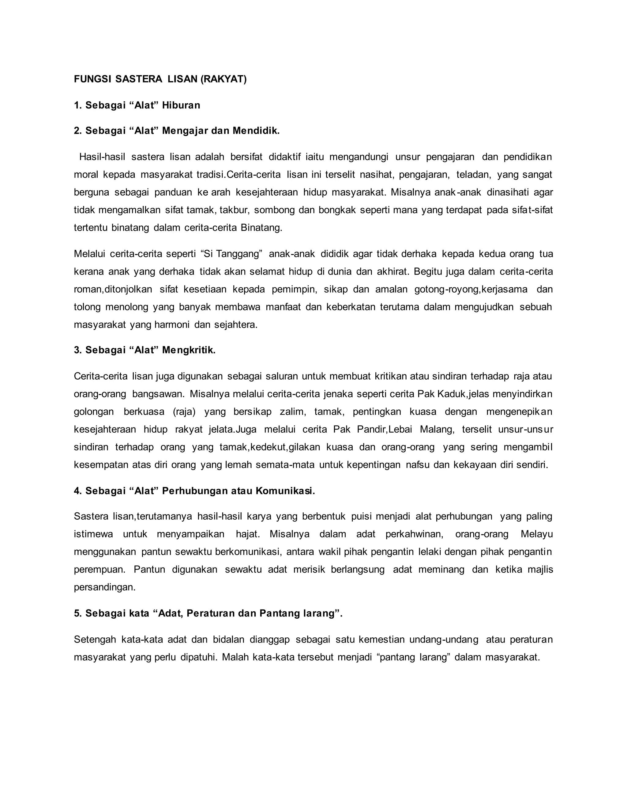 Fungsi Sastera Rakyat Lisan | DOCX