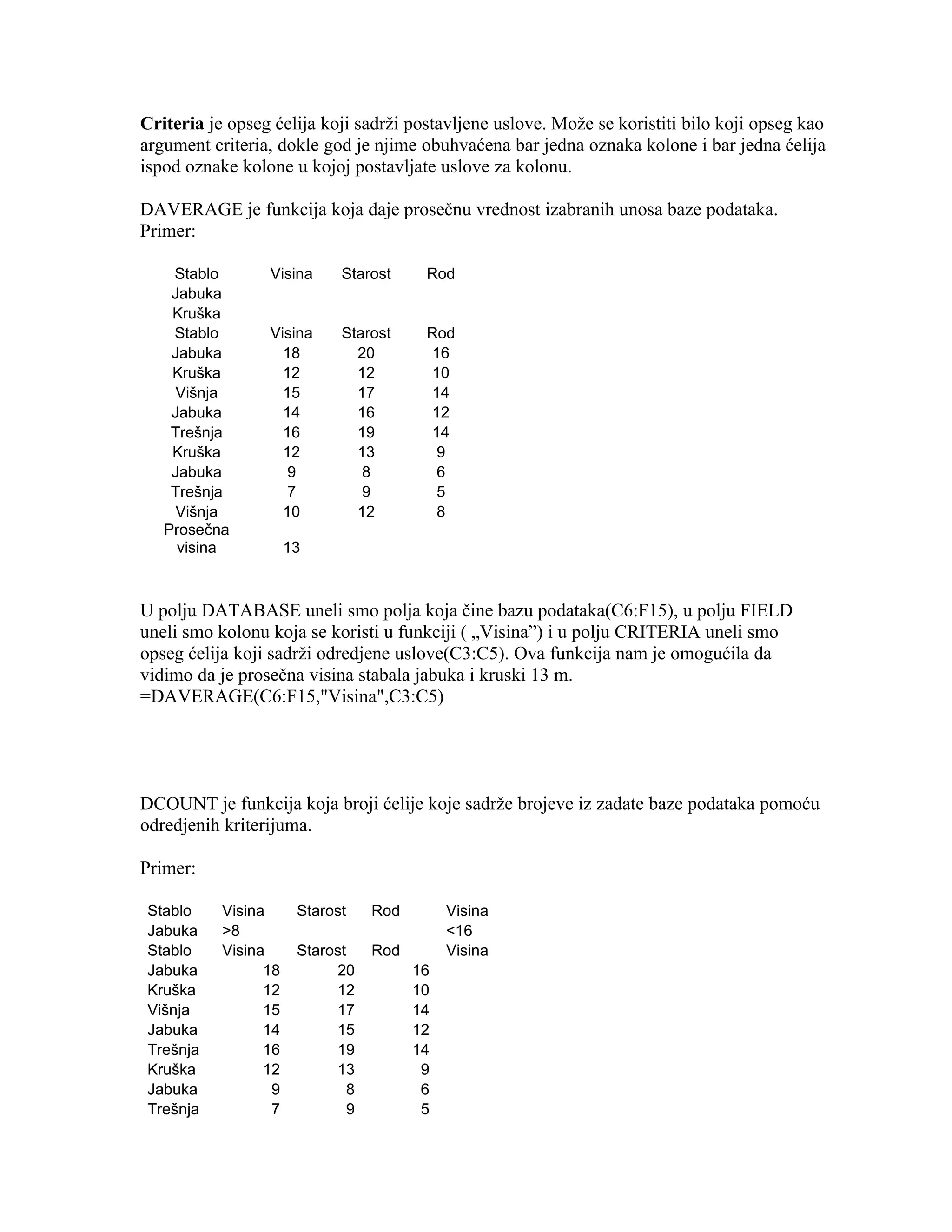 Funkcije baze podataka u Excel u Micovic ljiljana | DOC