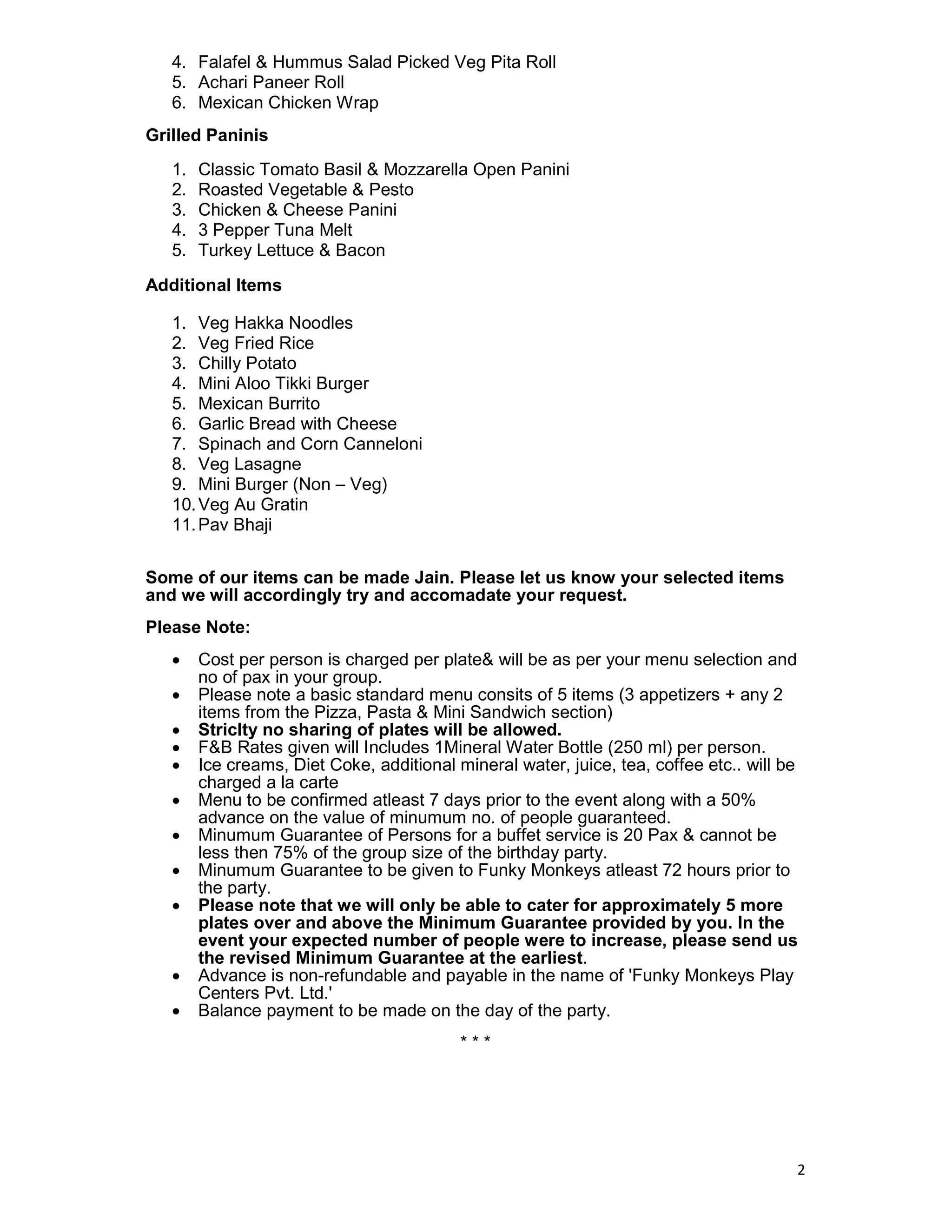 Funky monkeys bday menu blr 2014 | PDF