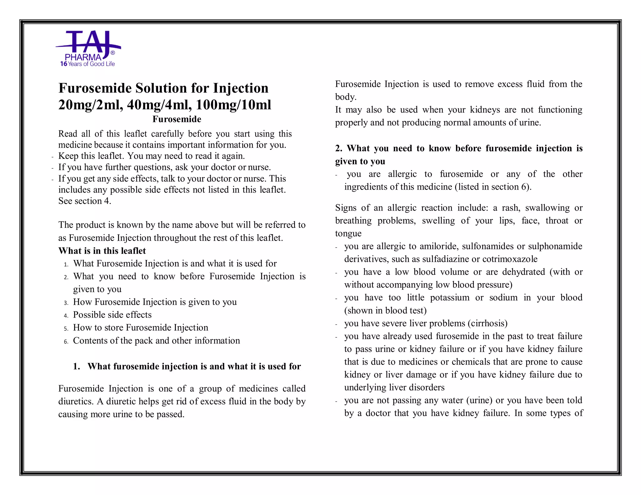 Furosemide Injection USP Taj Pharma PIL | PDF