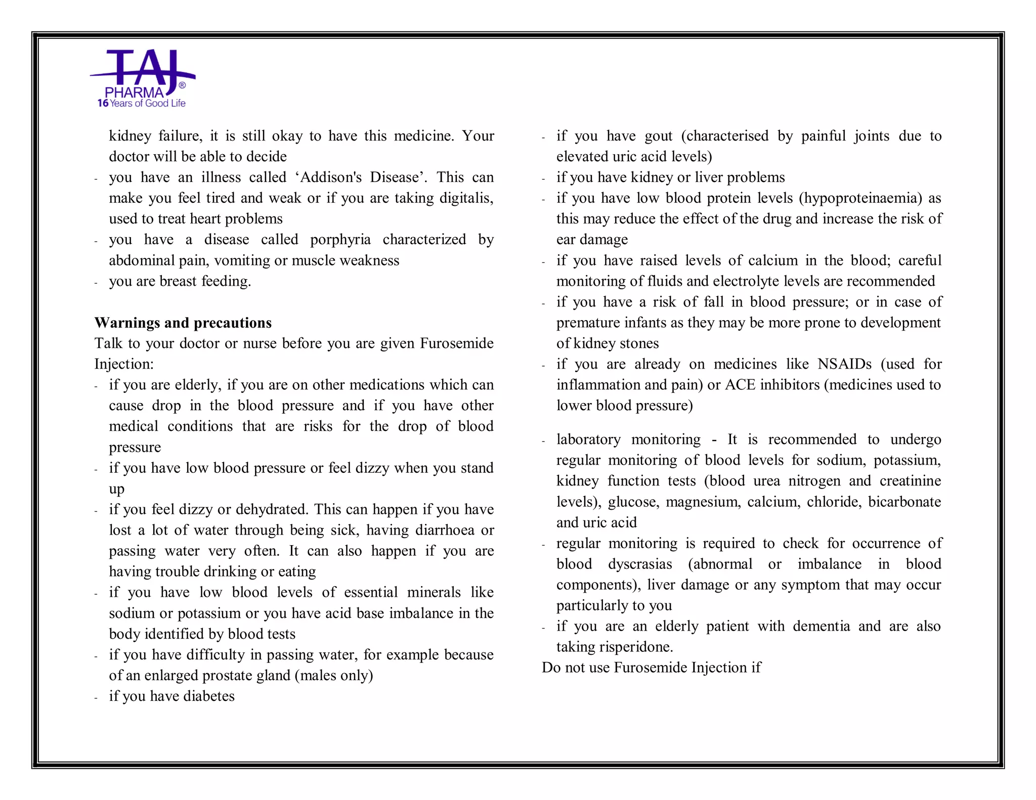 Furosemide Injection USP Taj Pharma PIL | PDF