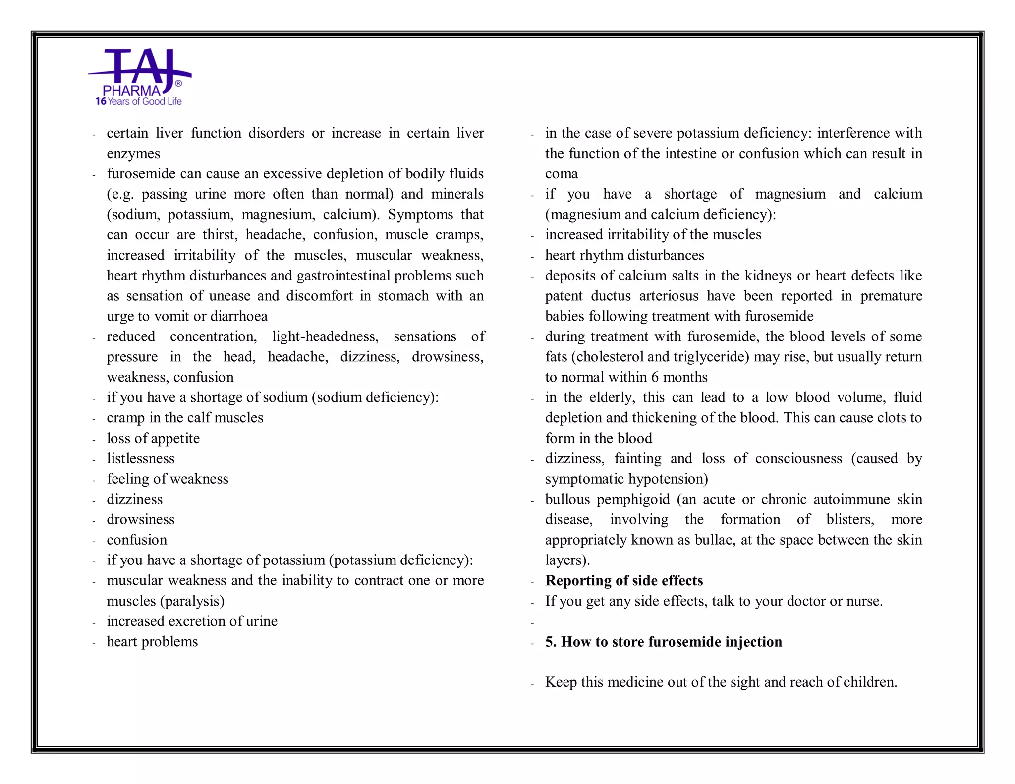 Furosemide Injection USP Taj Pharma PIL | PDF
