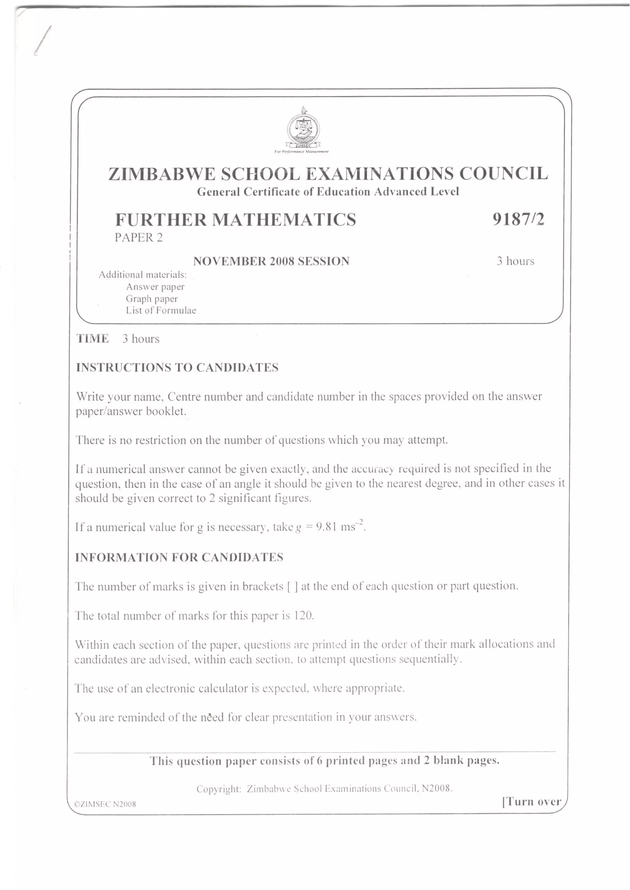 Further maths paper 2 november zimsec zimbabwe cambridge 2008 | PDF