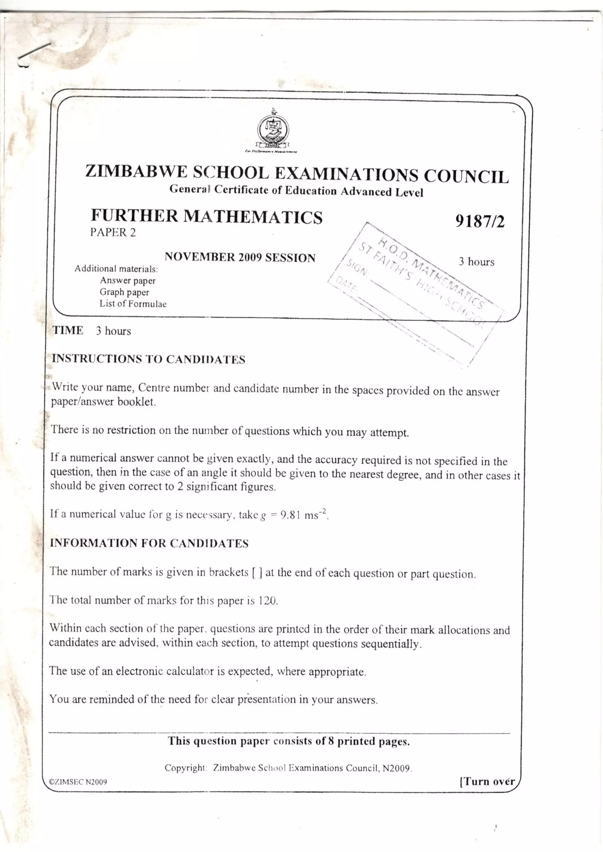 Further mathematics paper 2 november zimsec zimbabwe cambridge 2009 | PDF