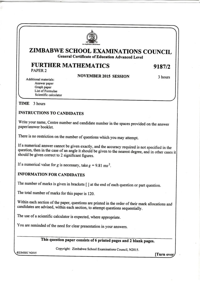 Further mathematics paper 2 november 2015 maths zimsec zimbabwe | PDF ...