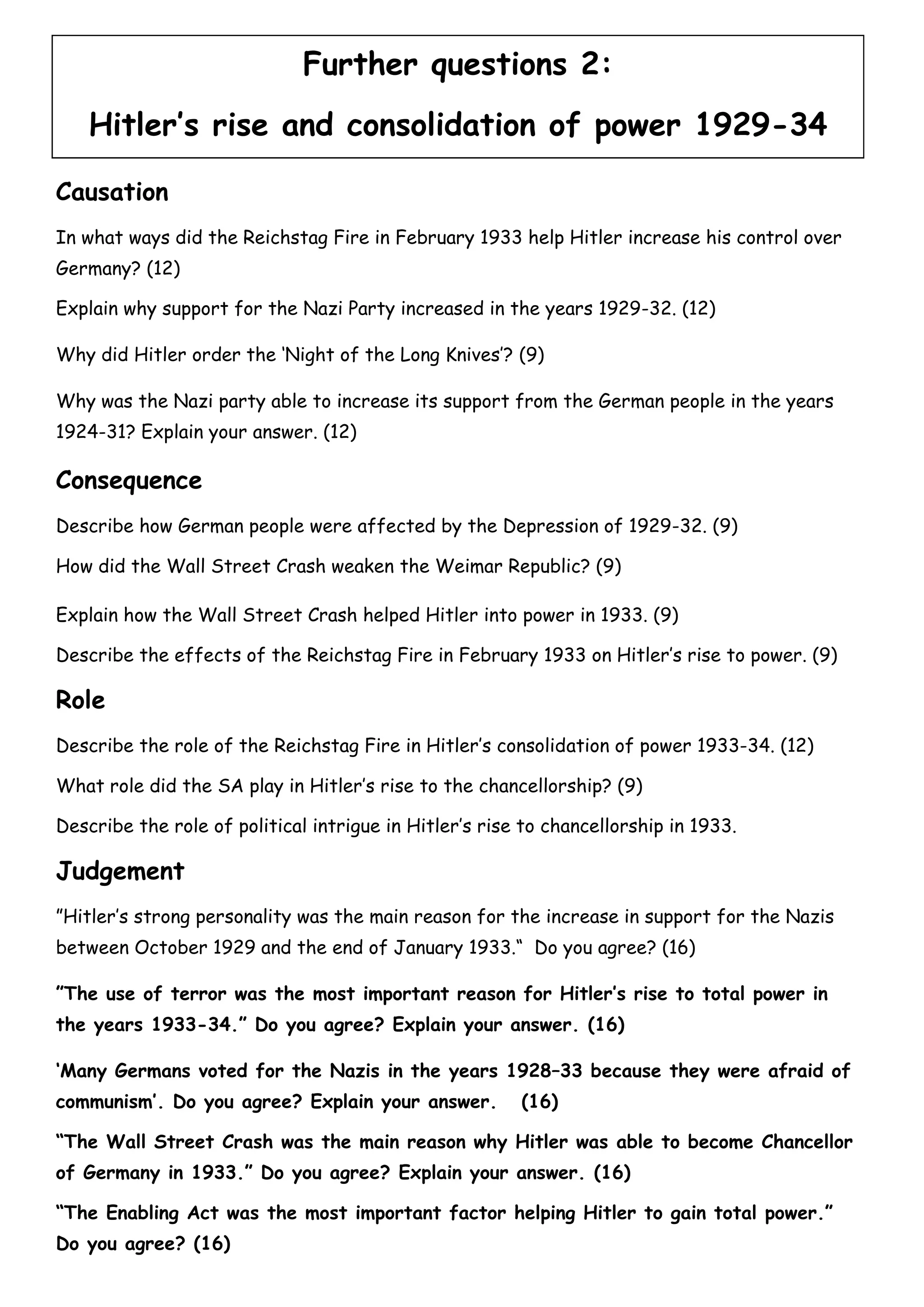 Extra Questions 2- Hitler's rise and consolidation of power | DOCX ...