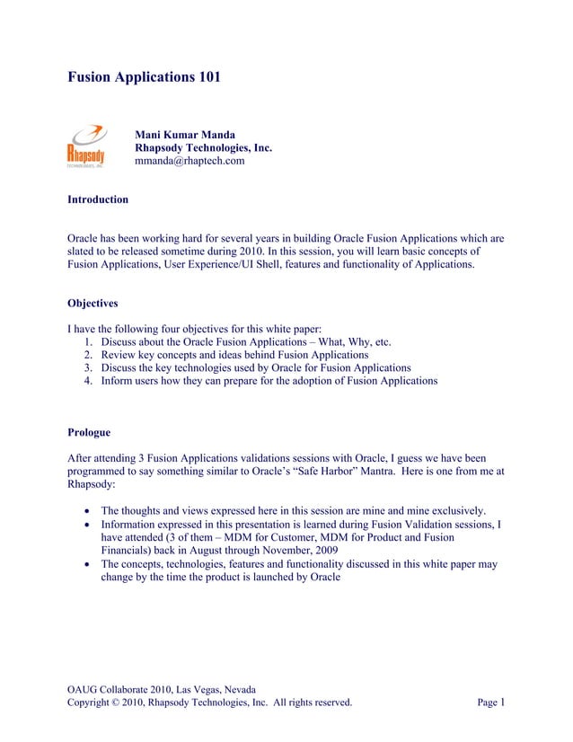 Oracle Fusion Applications 101 | PDF