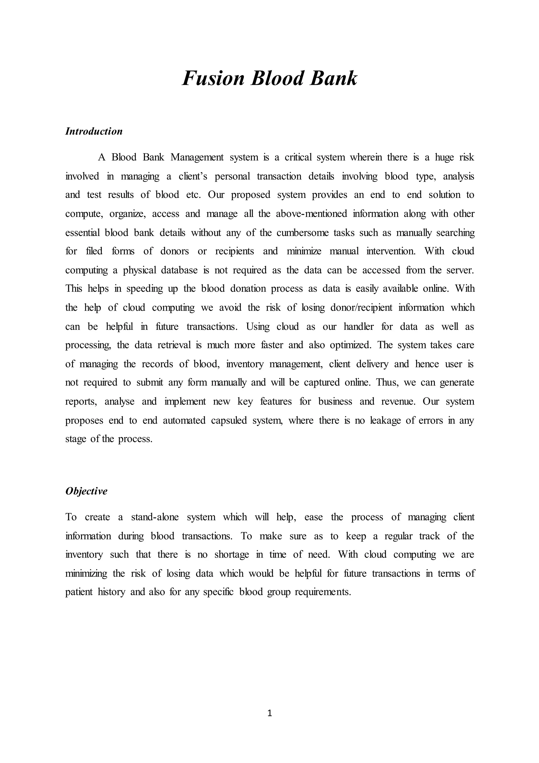 Fusion Blood Bank Management System Proposal | DOCX