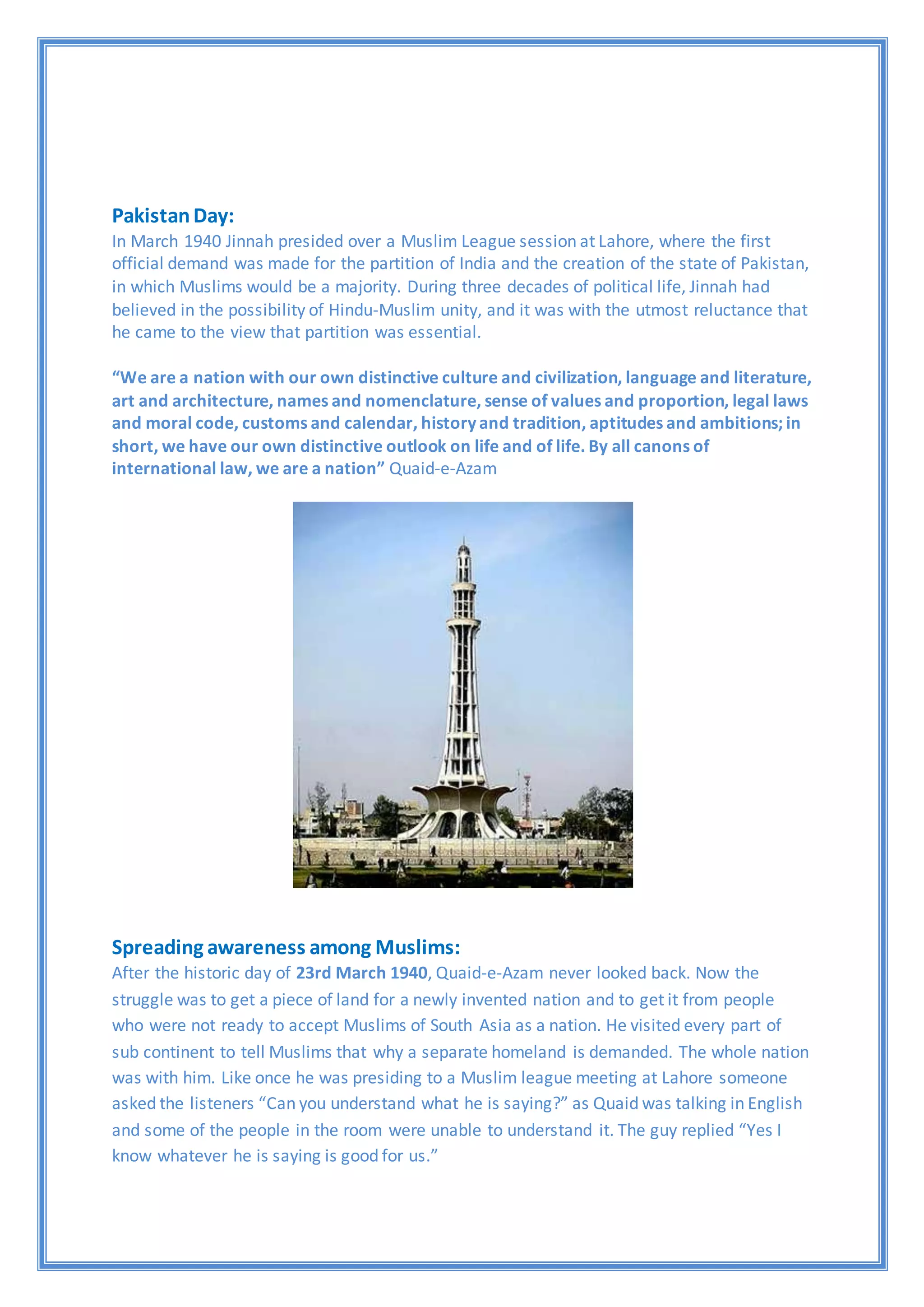 Quaid azam early life and his lesson | DOCX