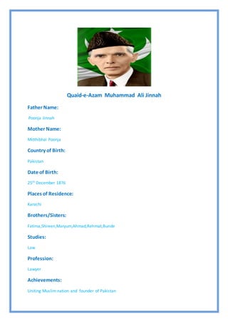 Quaid azam early life and his lesson | DOCX
