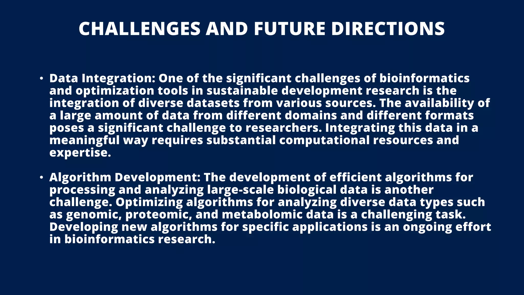 FutureBioinformatics and Optimization tools for sustainable development ...