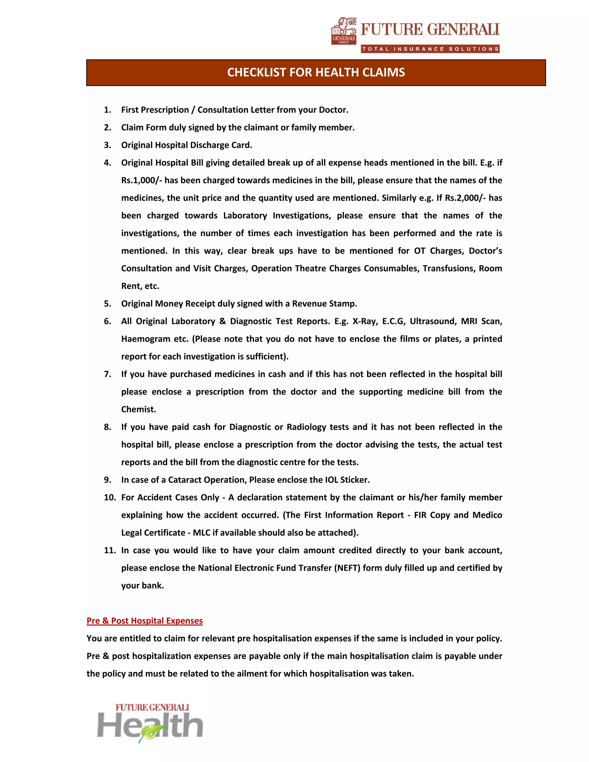 Future generali checklist for health claims | PDF