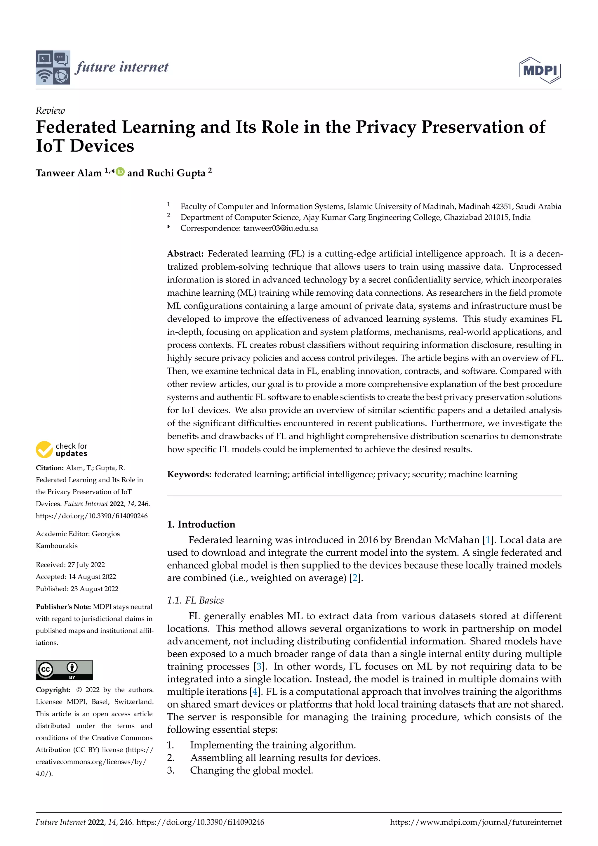 Federated learning and its role in the privacy preservation of IoT devices | PDF