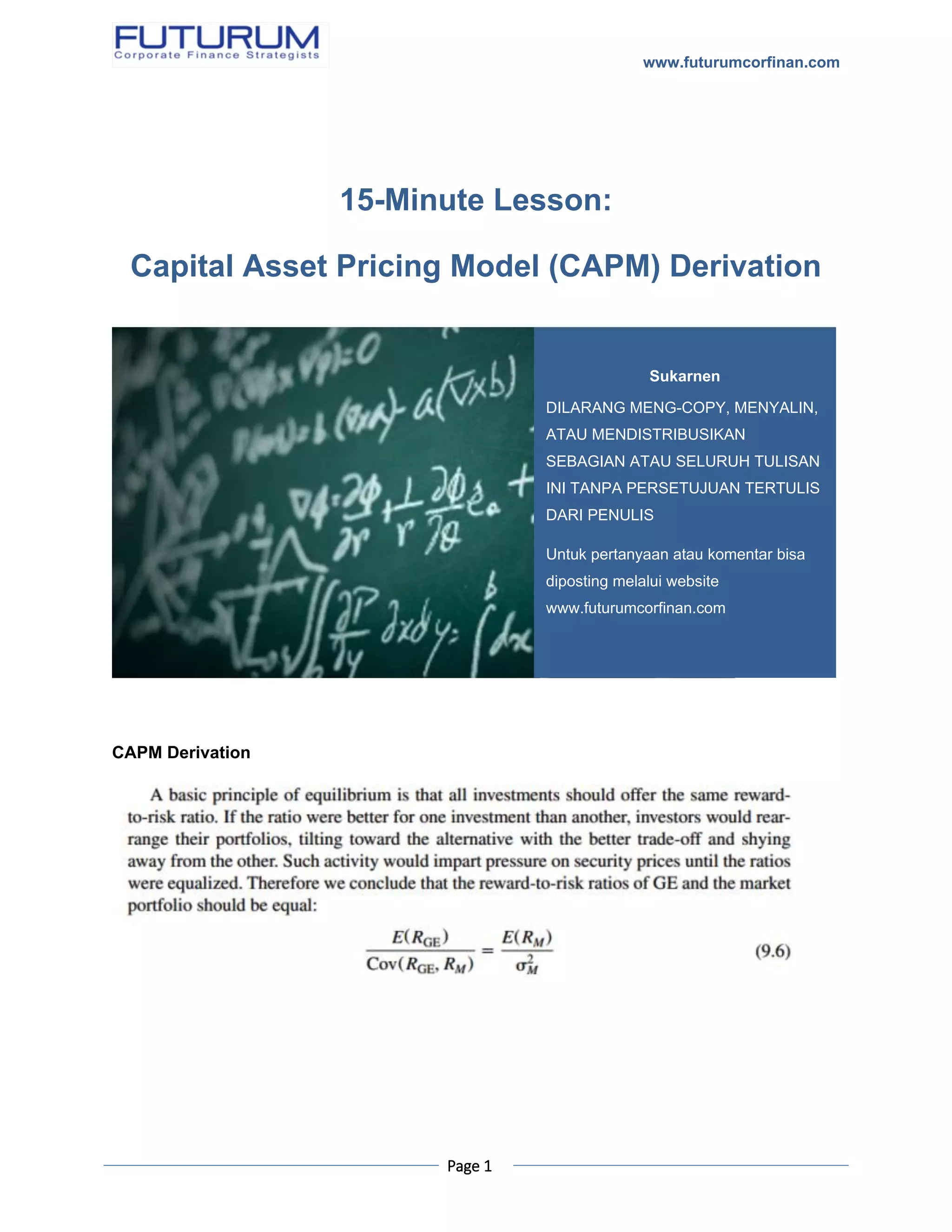 15 minute lesson capm derivation | PDF | Business | Business and Finance