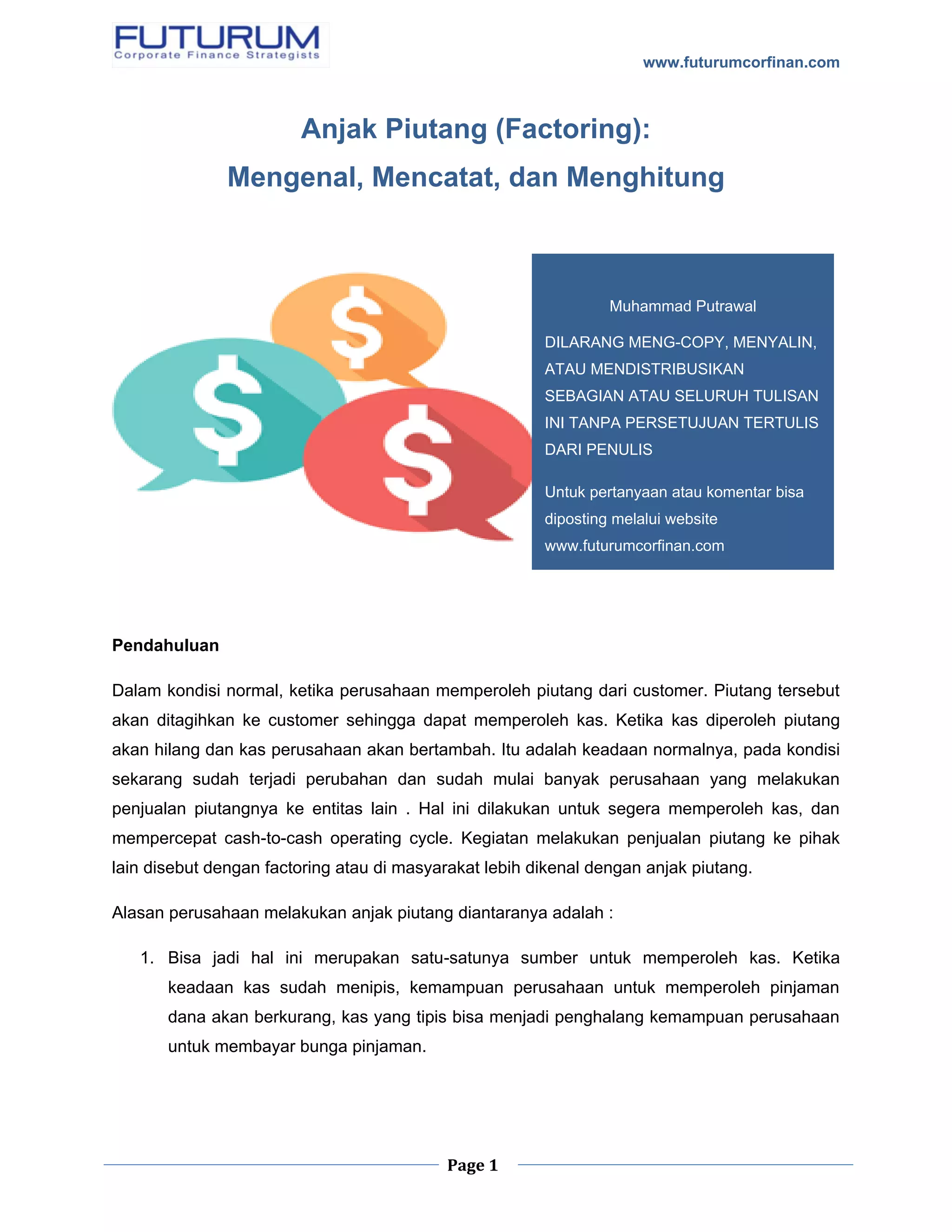 Anjak piutang (factoring) mengenal, mencatat, dan menghitung. | PDF