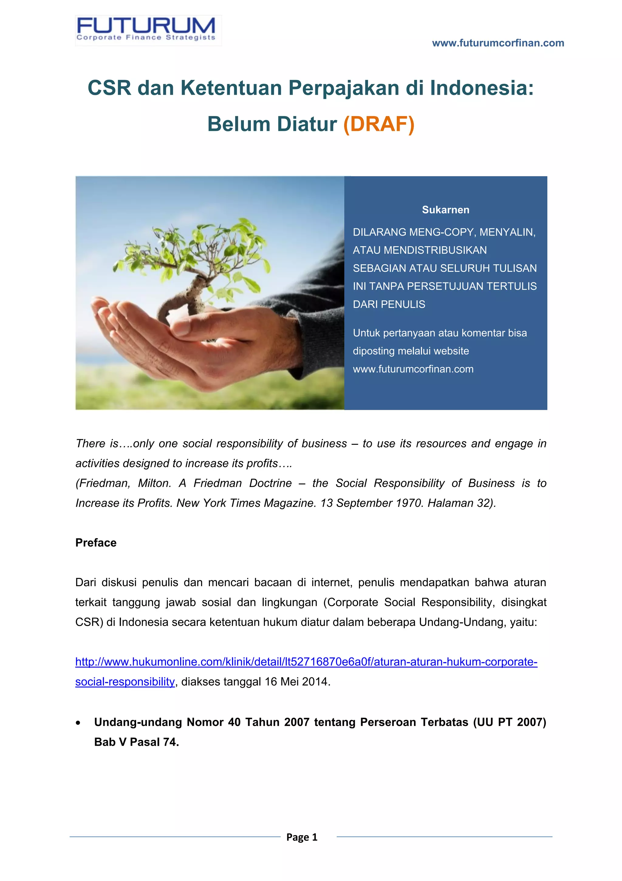 CSR dan ketentuan perpajakan di indonesia, belum diatur draf | PDF