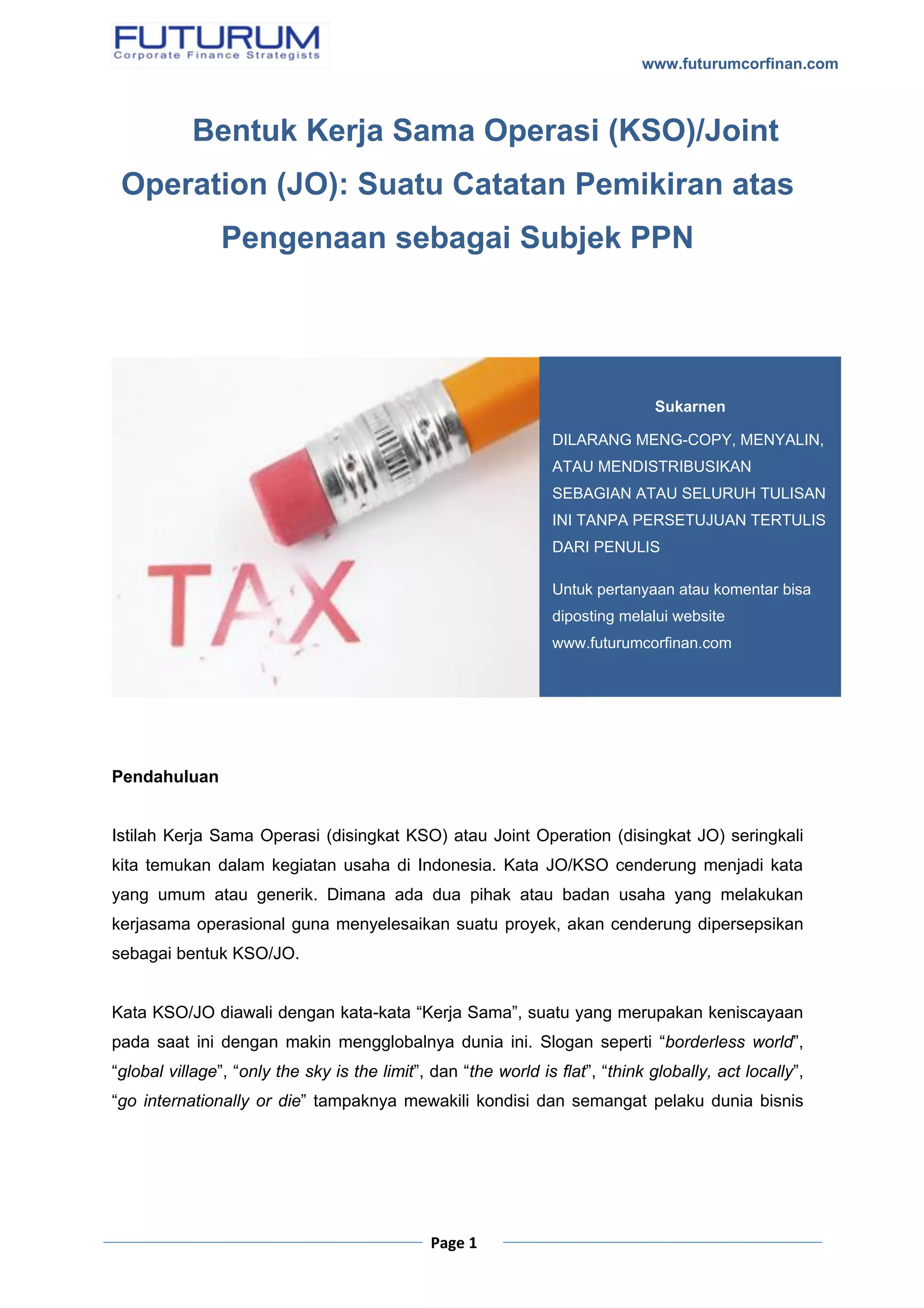 Kso jo aspek perpajakan suatu catatan pemikiran | PDF