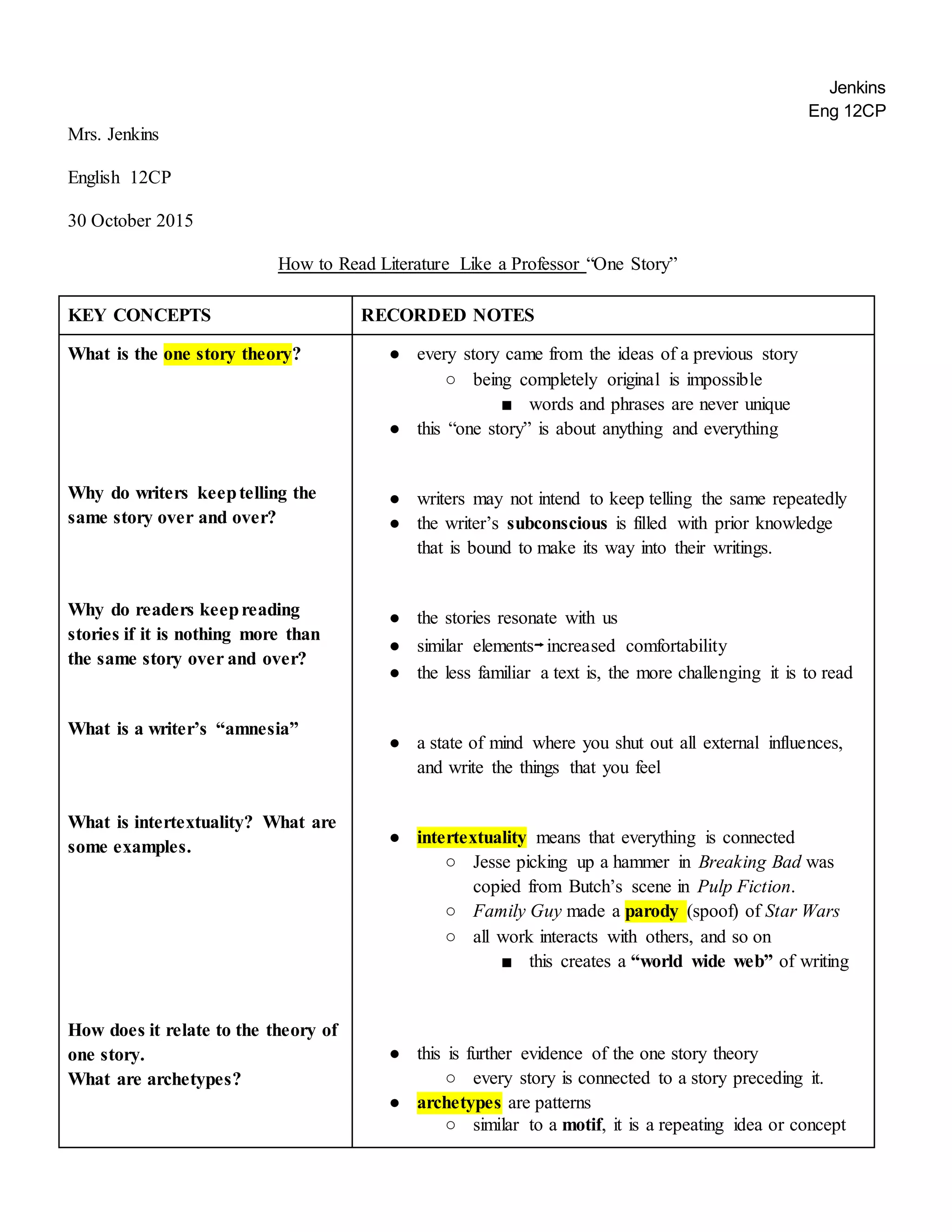 "One story" cornell notes | DOCX