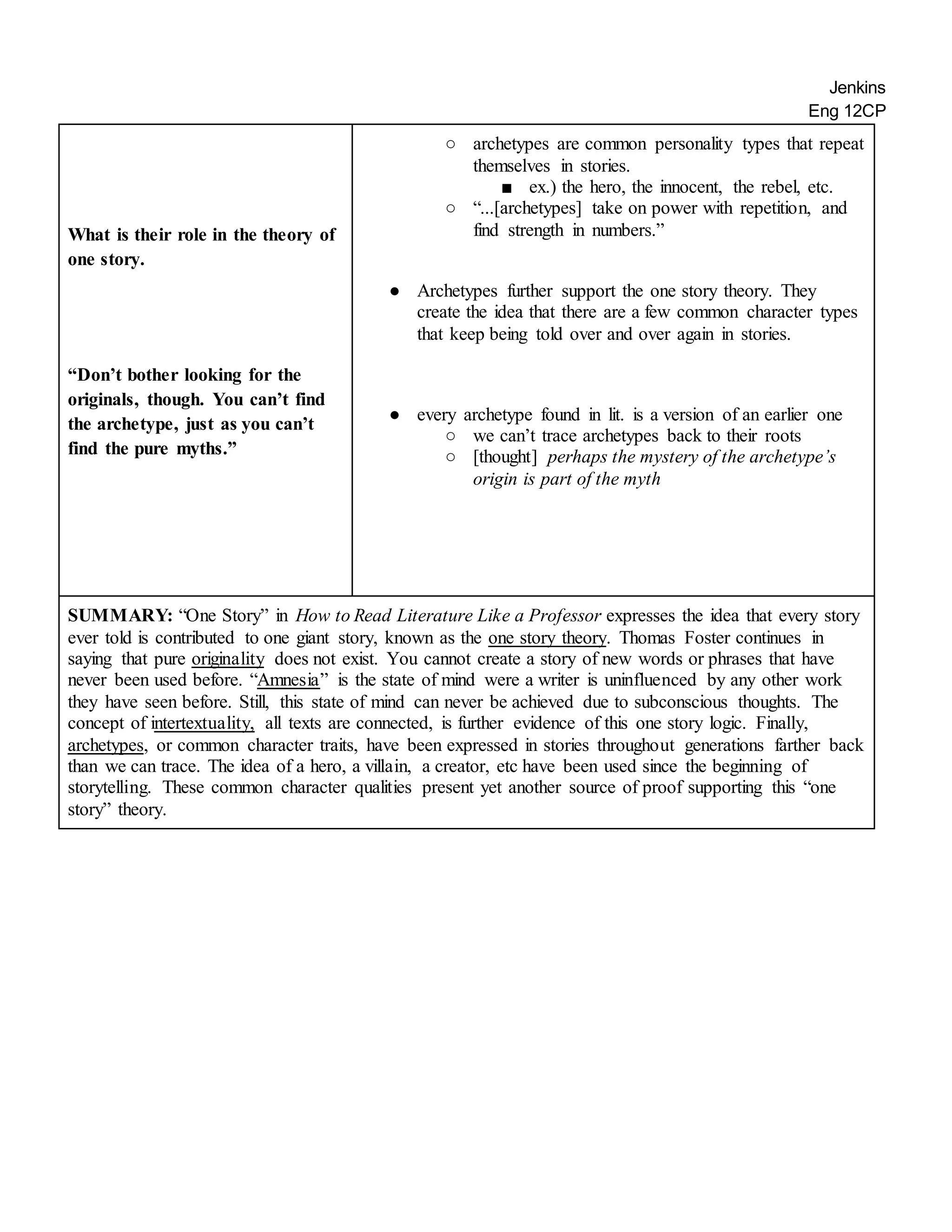 "One story" cornell notes | DOCX