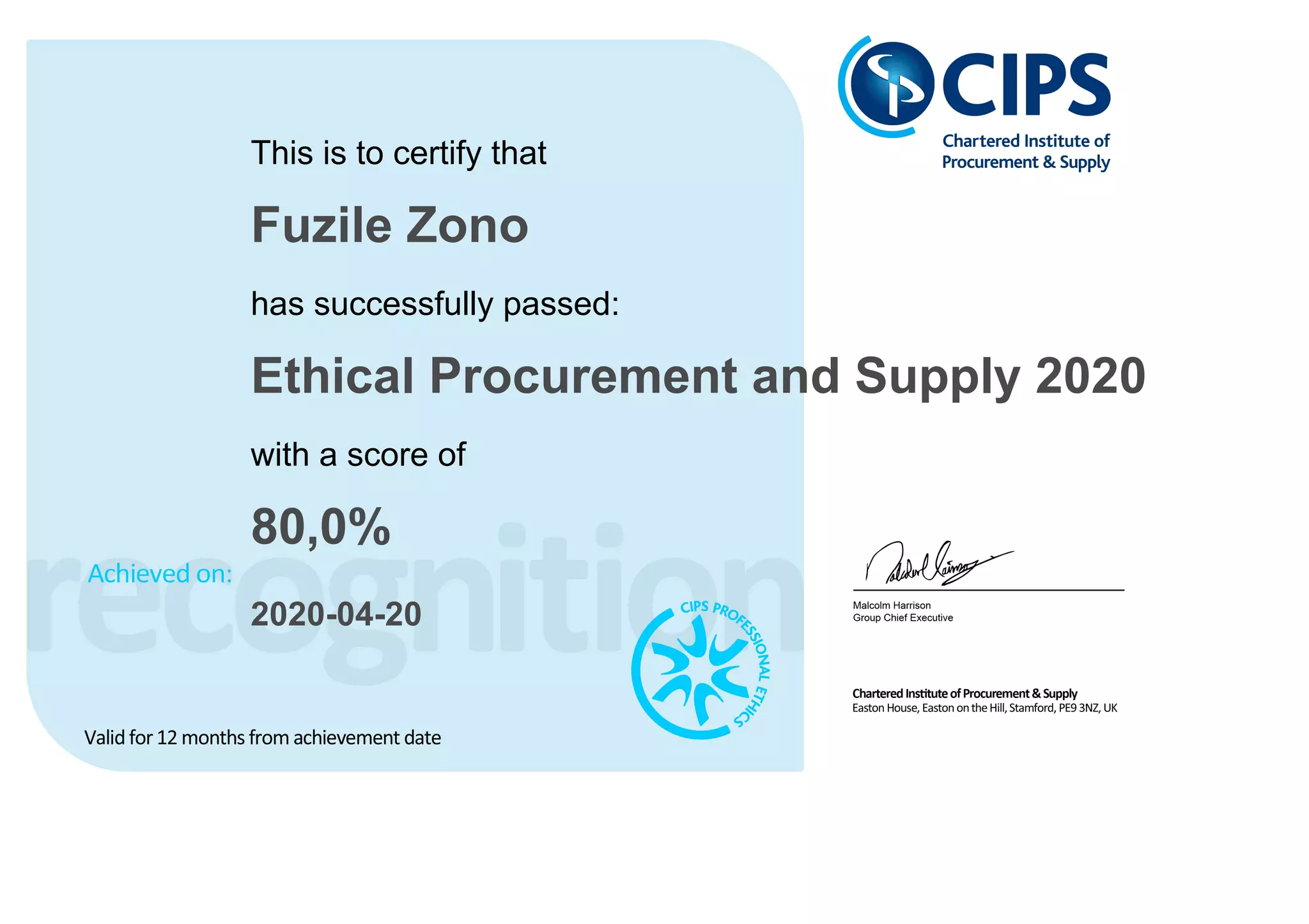 Fuzile Zono -Ethical Procurement and Supply 2020 - Certificate | PDF