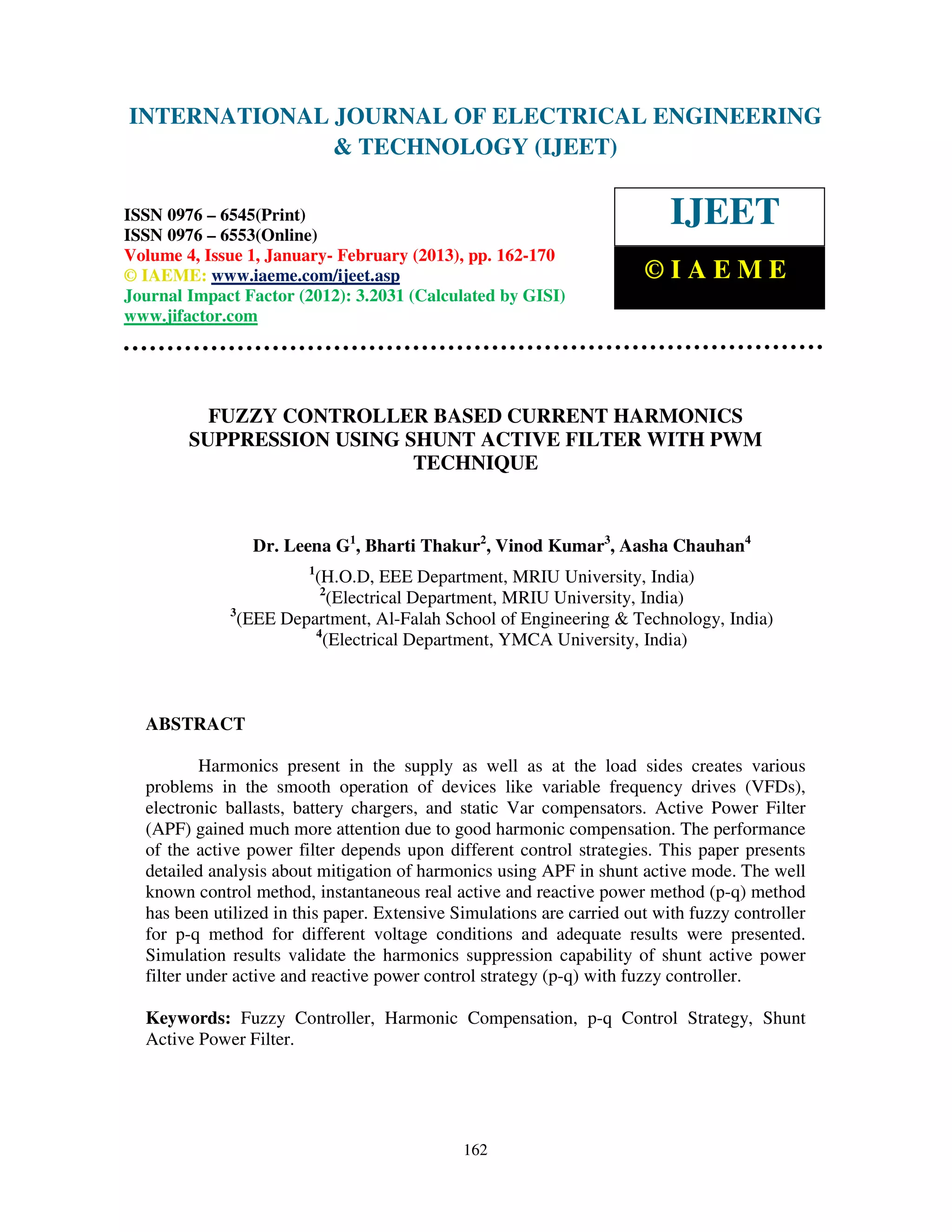 Fuzzy controller based current harmonics suppression using shunt active filter | PDF
