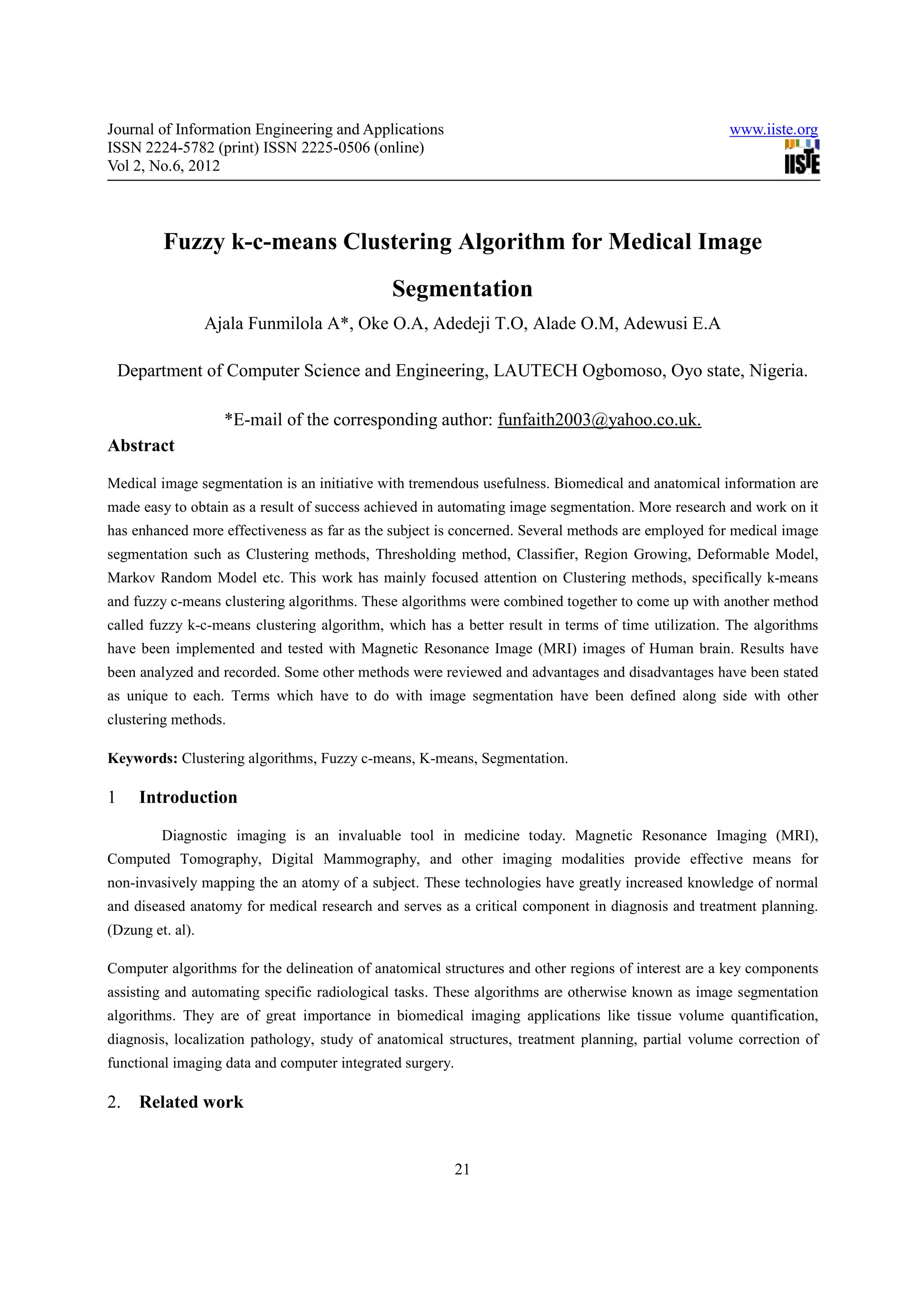 Fuzzy k c-means clustering algorithm for medical image | PDF