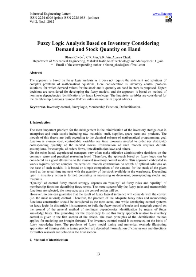 Fuzzy logic analysis based on inventory considering demand and stock quantity on hand | PDF