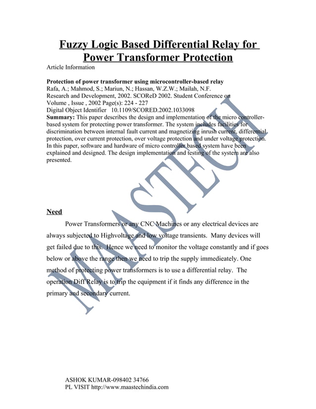 FUZZY LOGIC PROJECTS-POWER TRANSFORMER PROTECTION FOR FUZZYLOGIC-MAASTECH | DOC | Technology ...