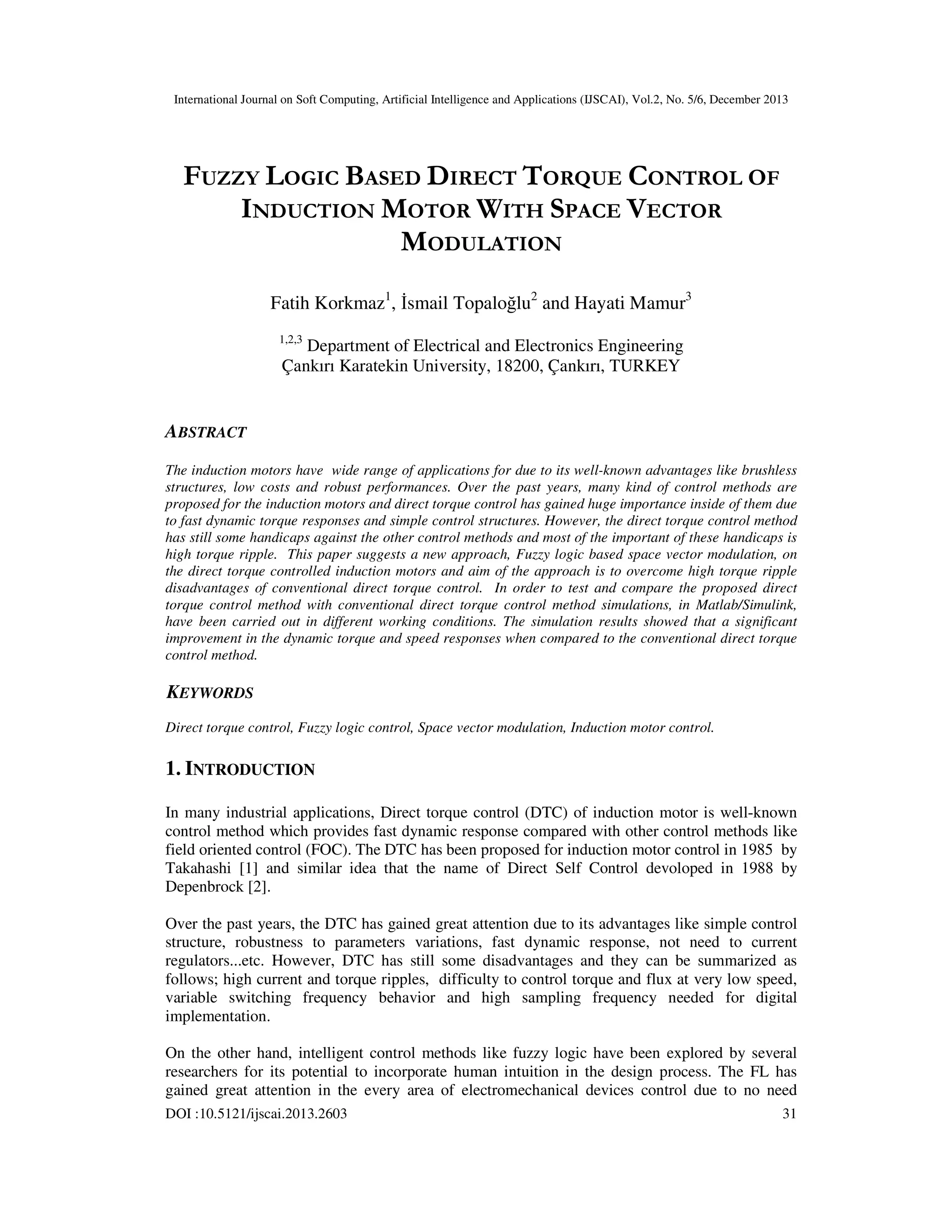 Fuzzy logic based direct torque control of induction motor with space vector modulation | PDF