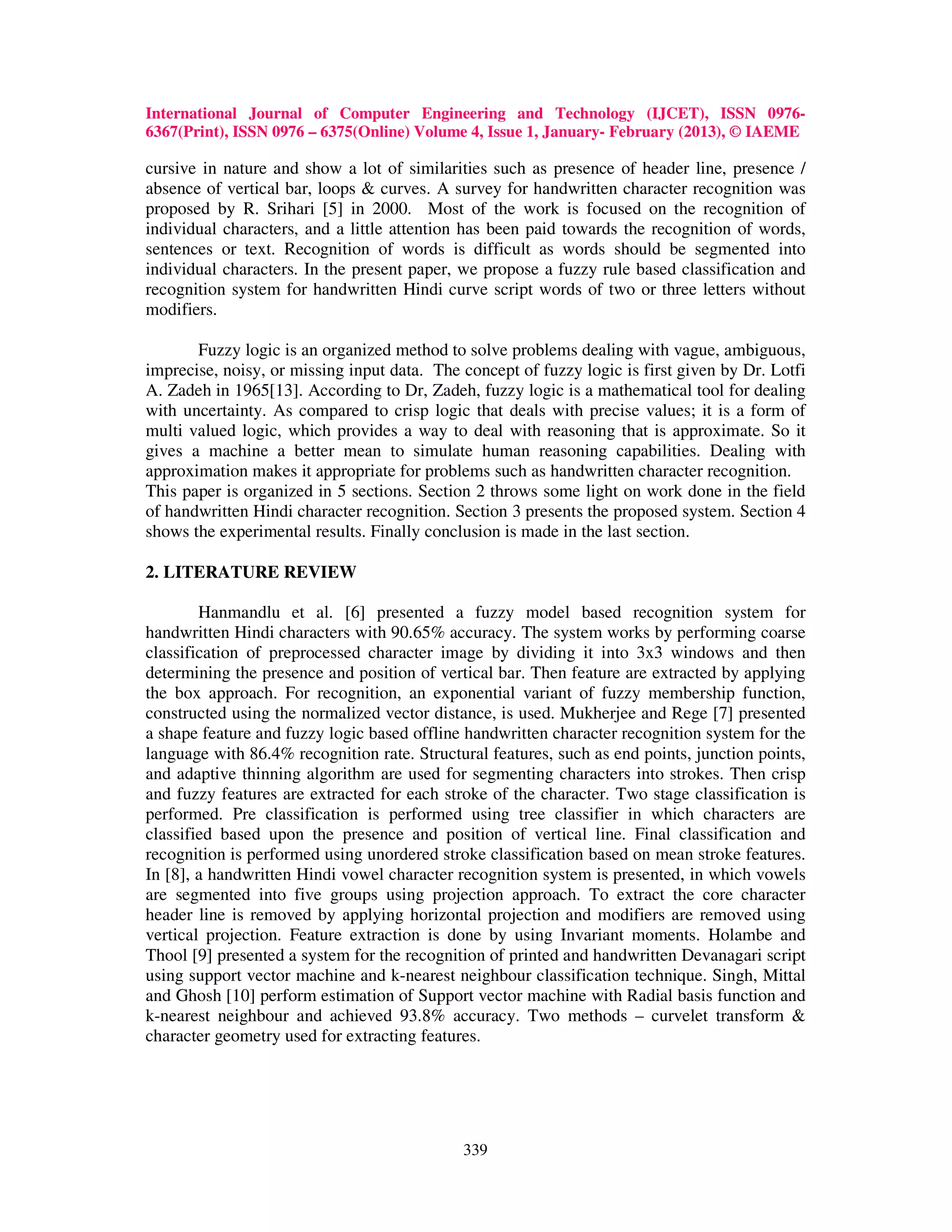 Fuzzy Rule Based Classification And Recognition Of Handwritten Hindi Pdf