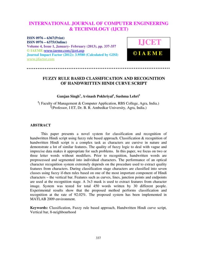 Fuzzy rule based classification and recognition of handwritten hindi | PDF