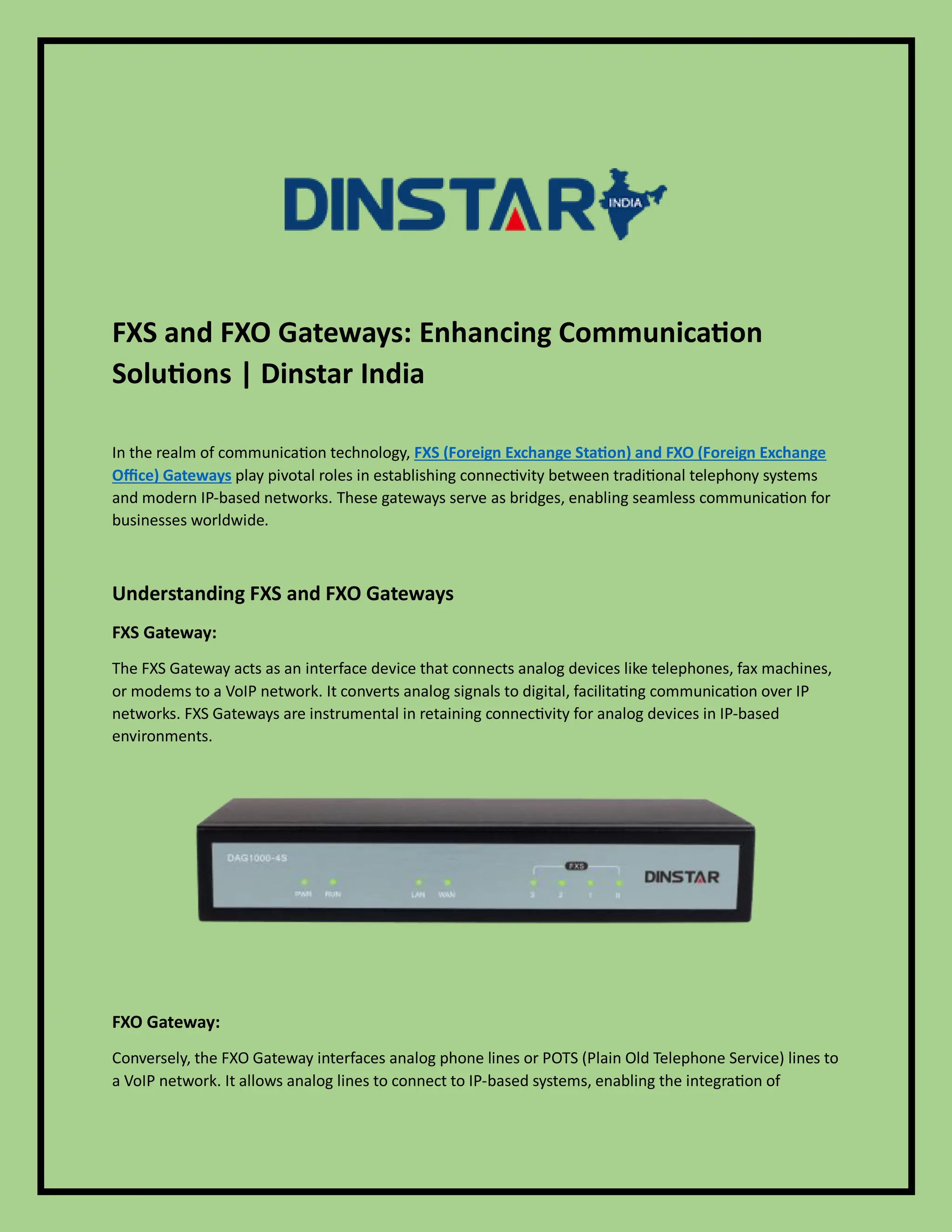 FXS and FXO Gateways |analog-voip-gateways| Dinstar India | PDF