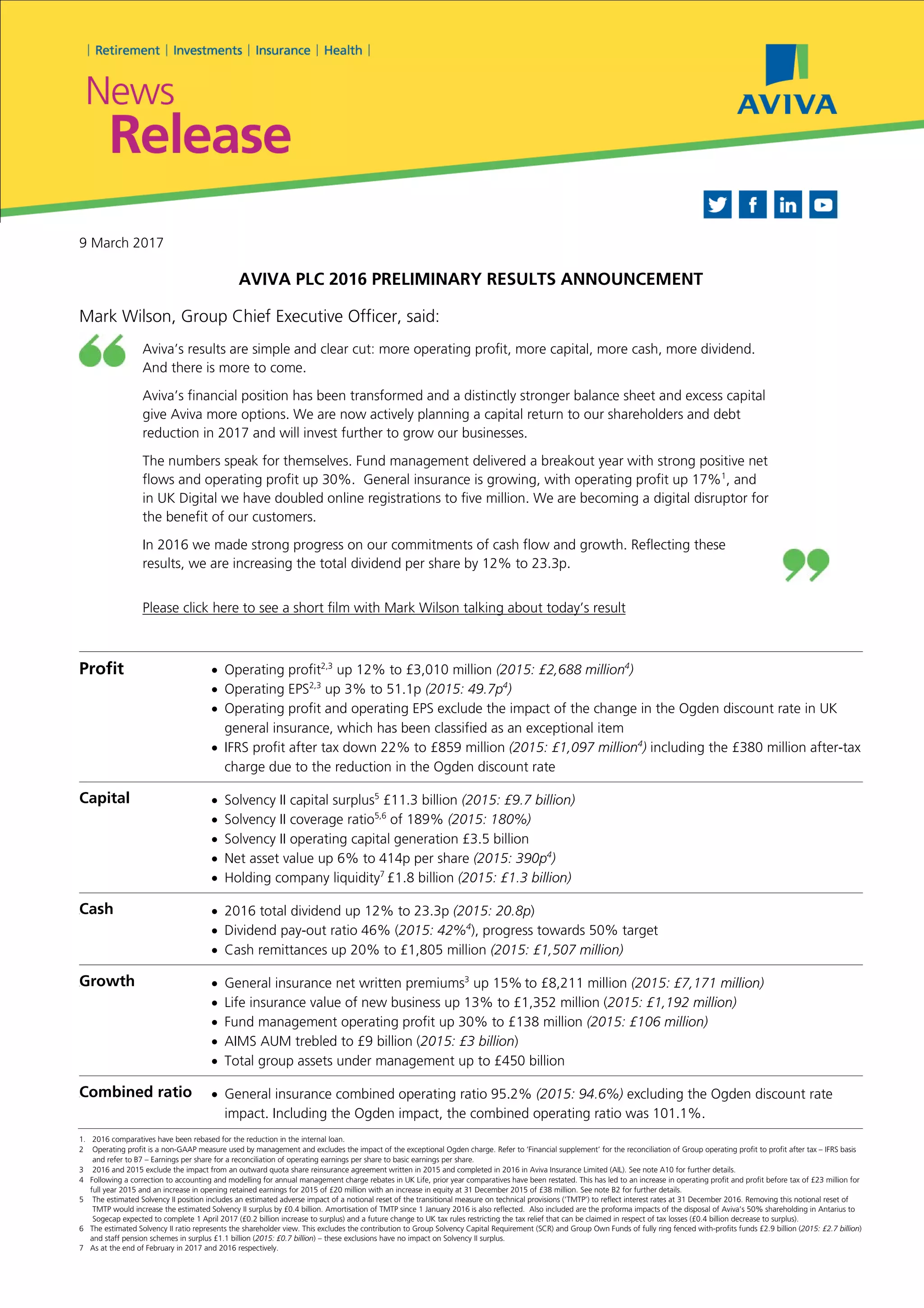 Aviva Plc 2016 Preliminary Results Announcement | PDF