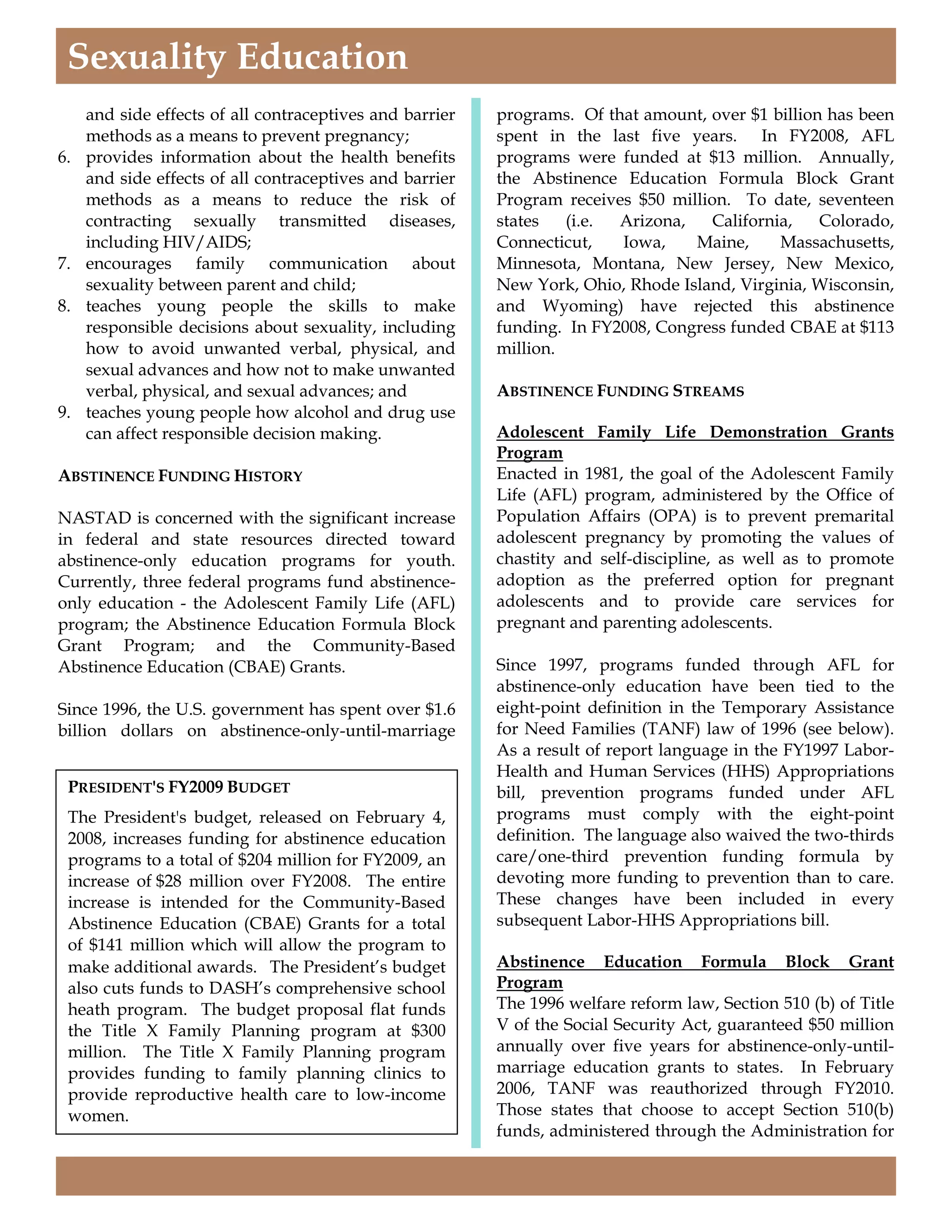 FY2009 Sex Ed Abstinence Fact Sheet | PDF