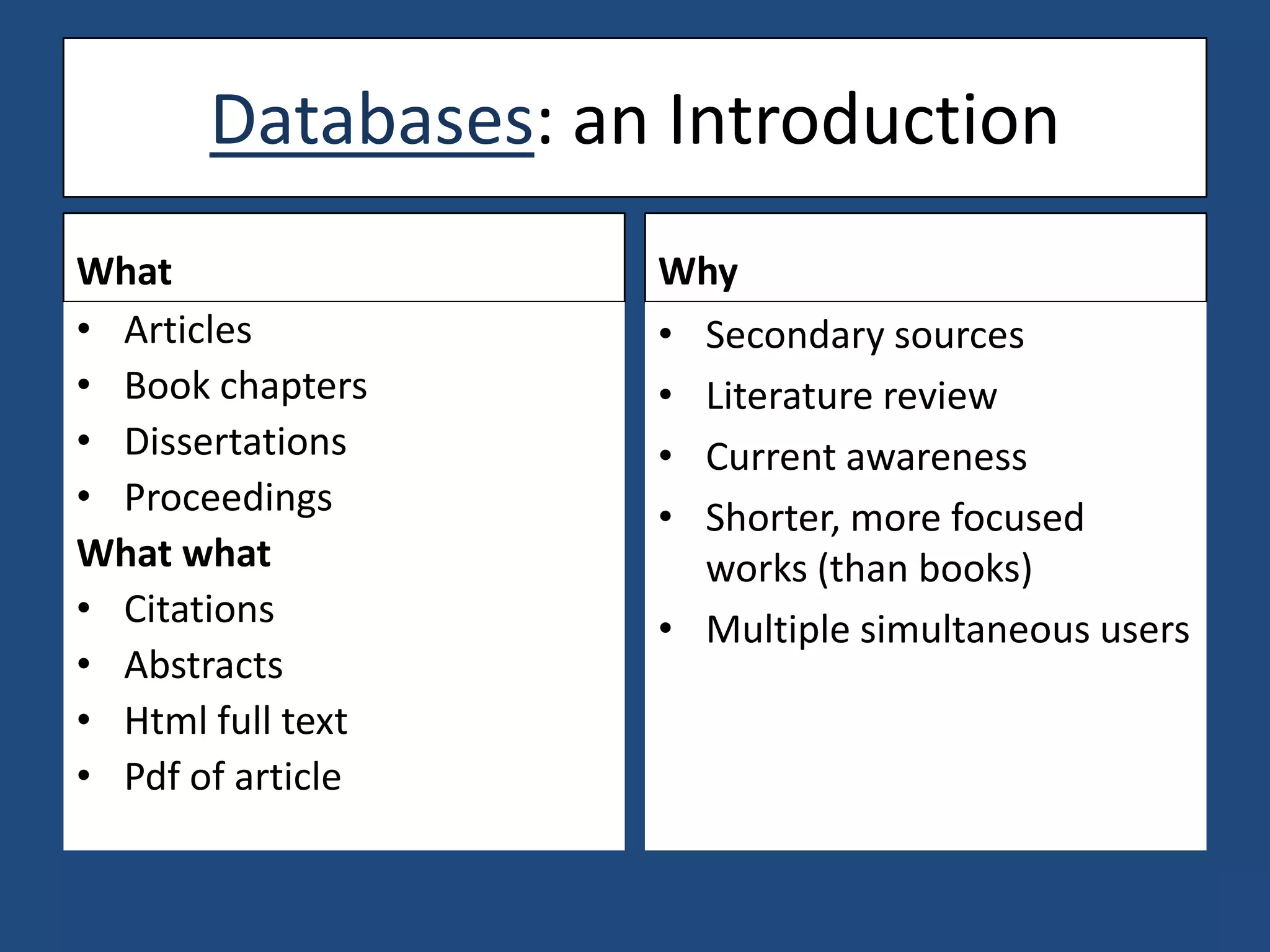 First Year English Workshop: Library Research Instruction -- Databases ...