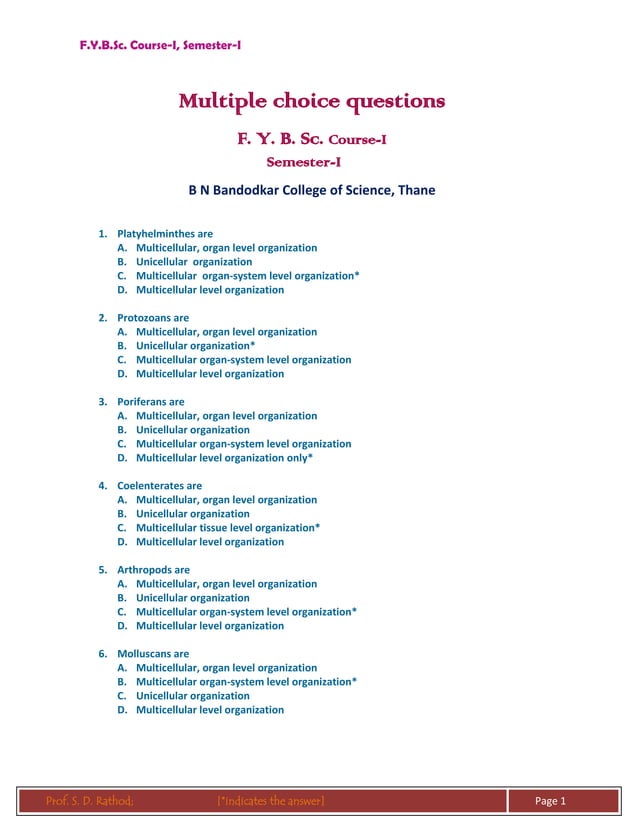 FYBSc Course-I Semester-I MCQ : Levels of organization sudeshrathod | PDF
