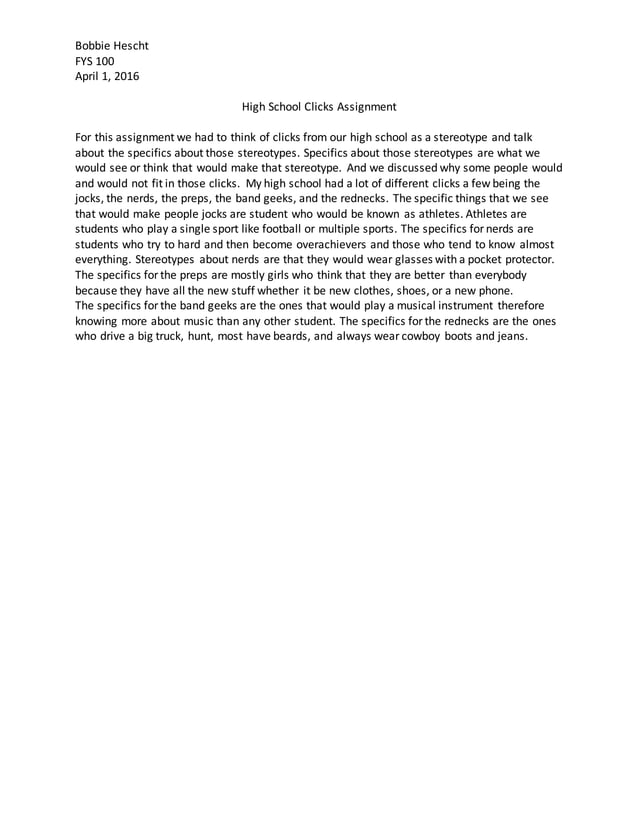 Fys high school clicks assignment | DOCX | Sports