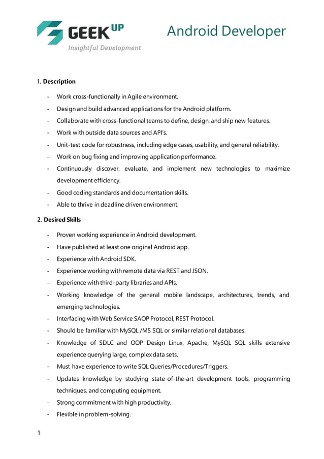 GEEK Up Android Developer JD | DOCX
