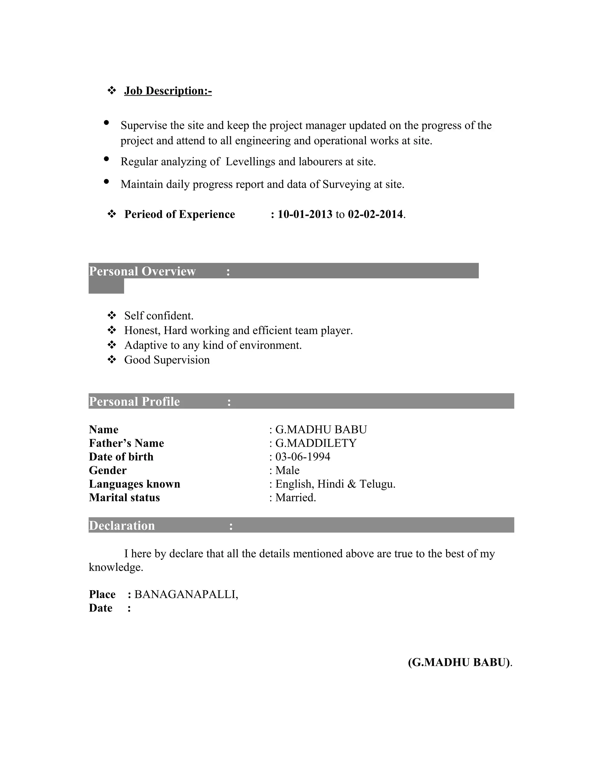 G.madhu babu resume (technical engineer) | PDF