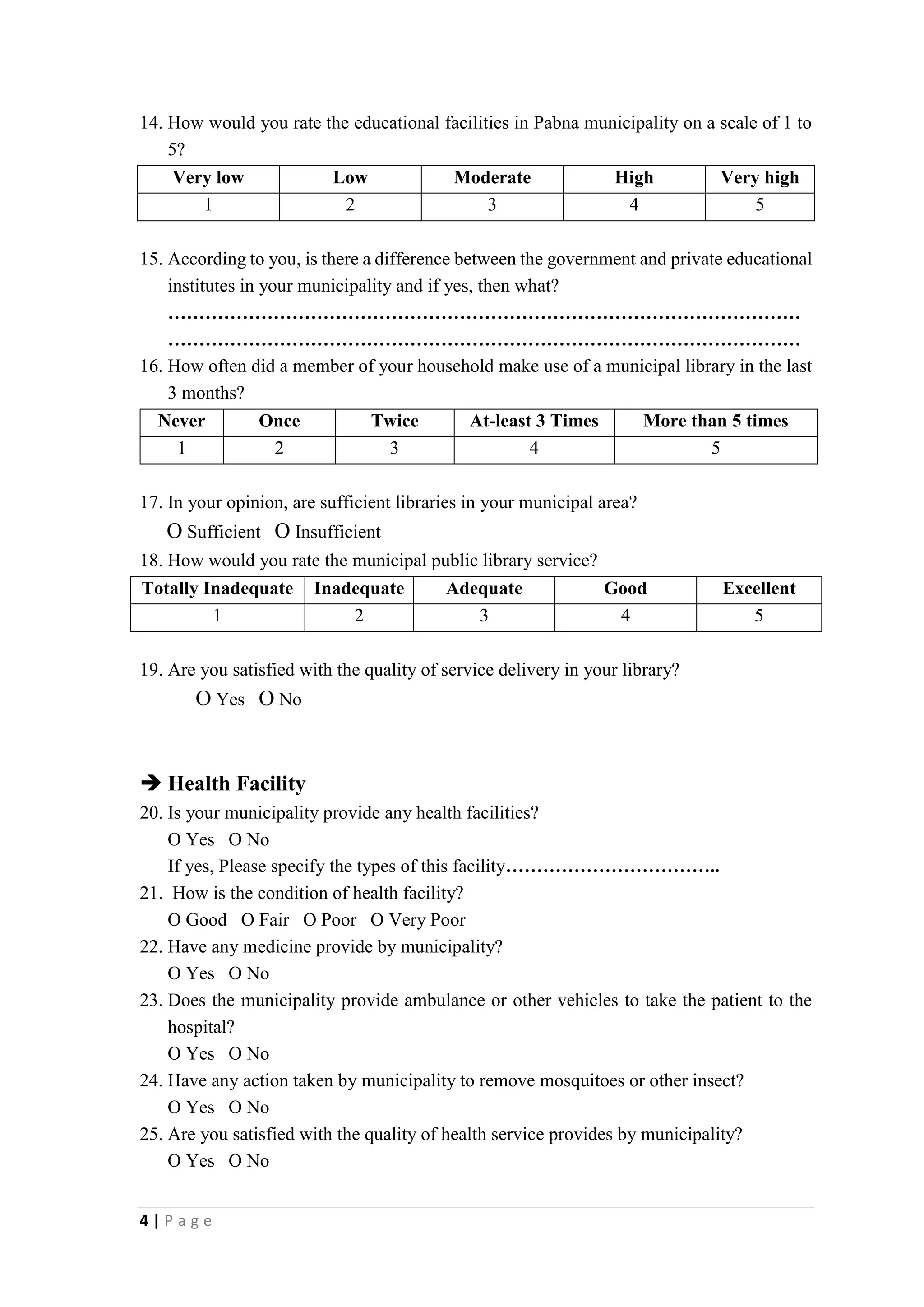 Questionnaire On Assessment of Municipal Services in Pabna Municipality ...