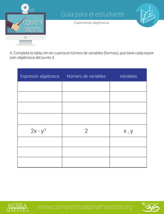 Guía para estudiantes: Expresiones algebraicas, materiales y recursos | PDF