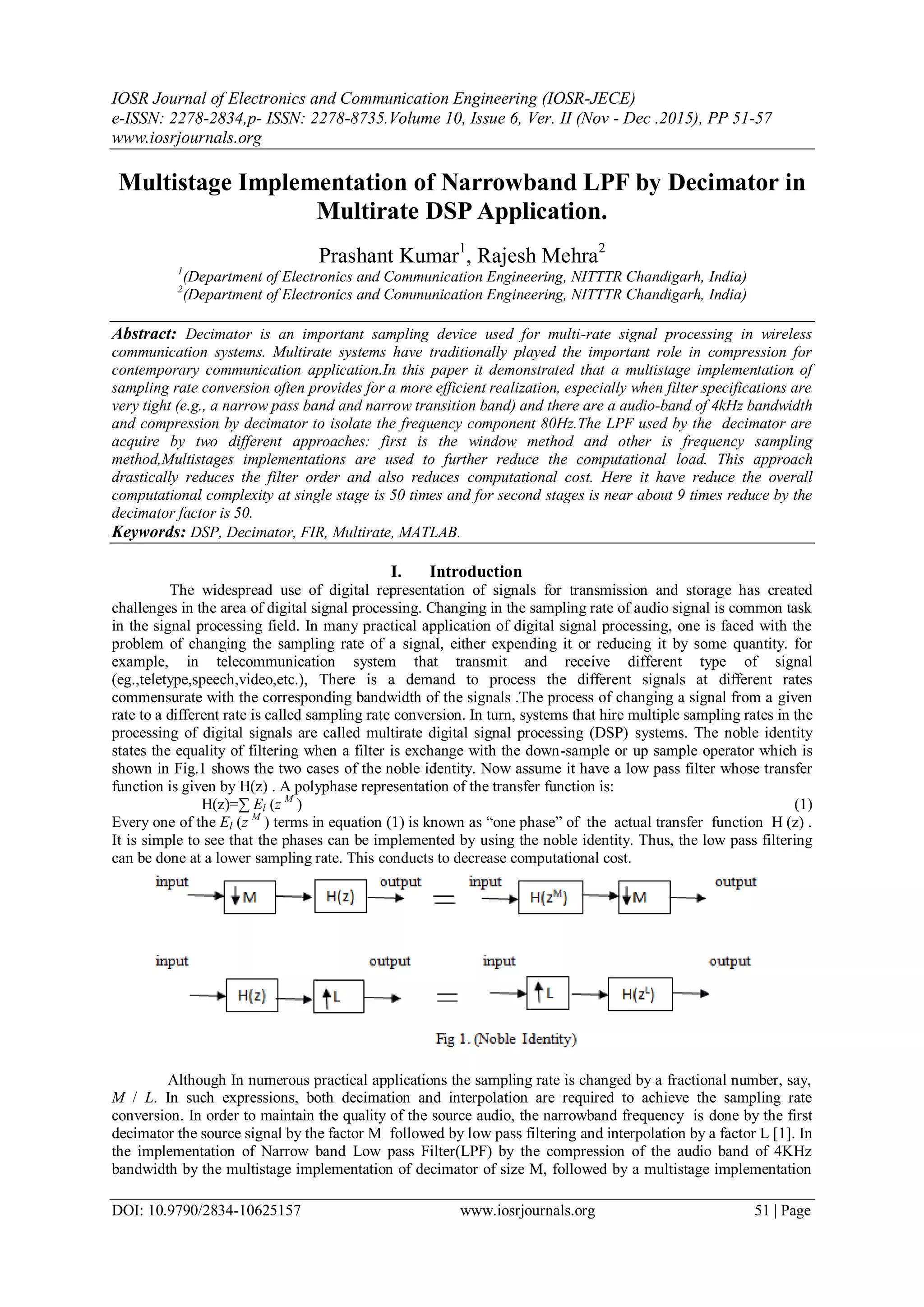 Multistage Implementation of Narrowband LPF by Decimator in Multirate DSP Application. | PDF