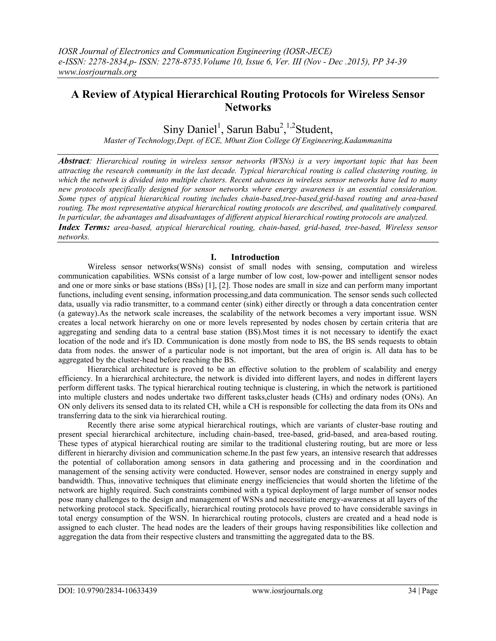 A Review of Atypical Hierarchical Routing Protocols for Wireless Sensor Networks | PDF